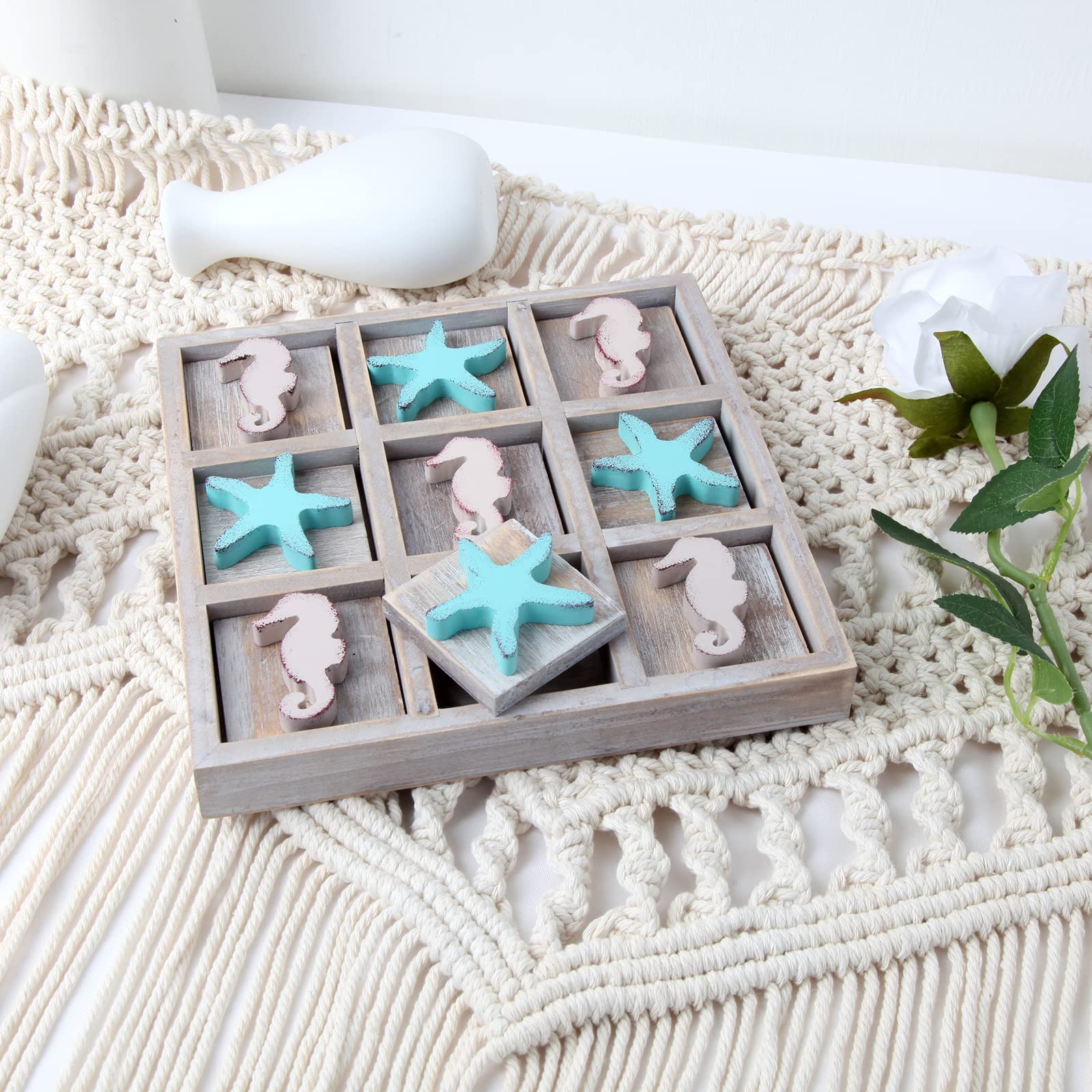 FAMIPLUS Coastal Tic Tac Toe Game Nautical Wooden Tic Tac Toe Board Game for Beach House Coffee Table Desk Decor, Rustic Brown