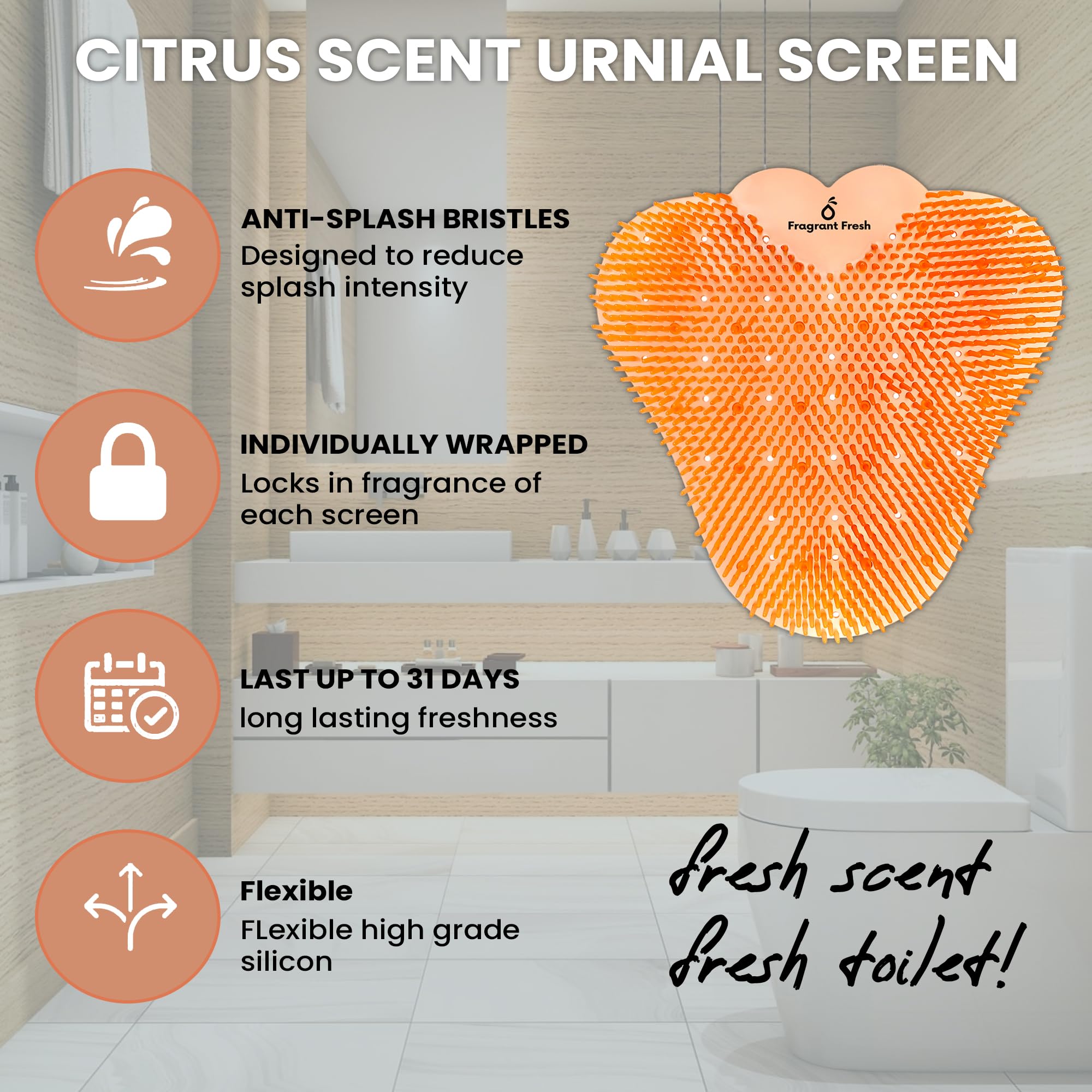 Fragrant Fresh Urinal Screen Deodorizer, Fresh Scented Urinal Screen With Easy Fit & Multiple use (Orange, 15 Pack)