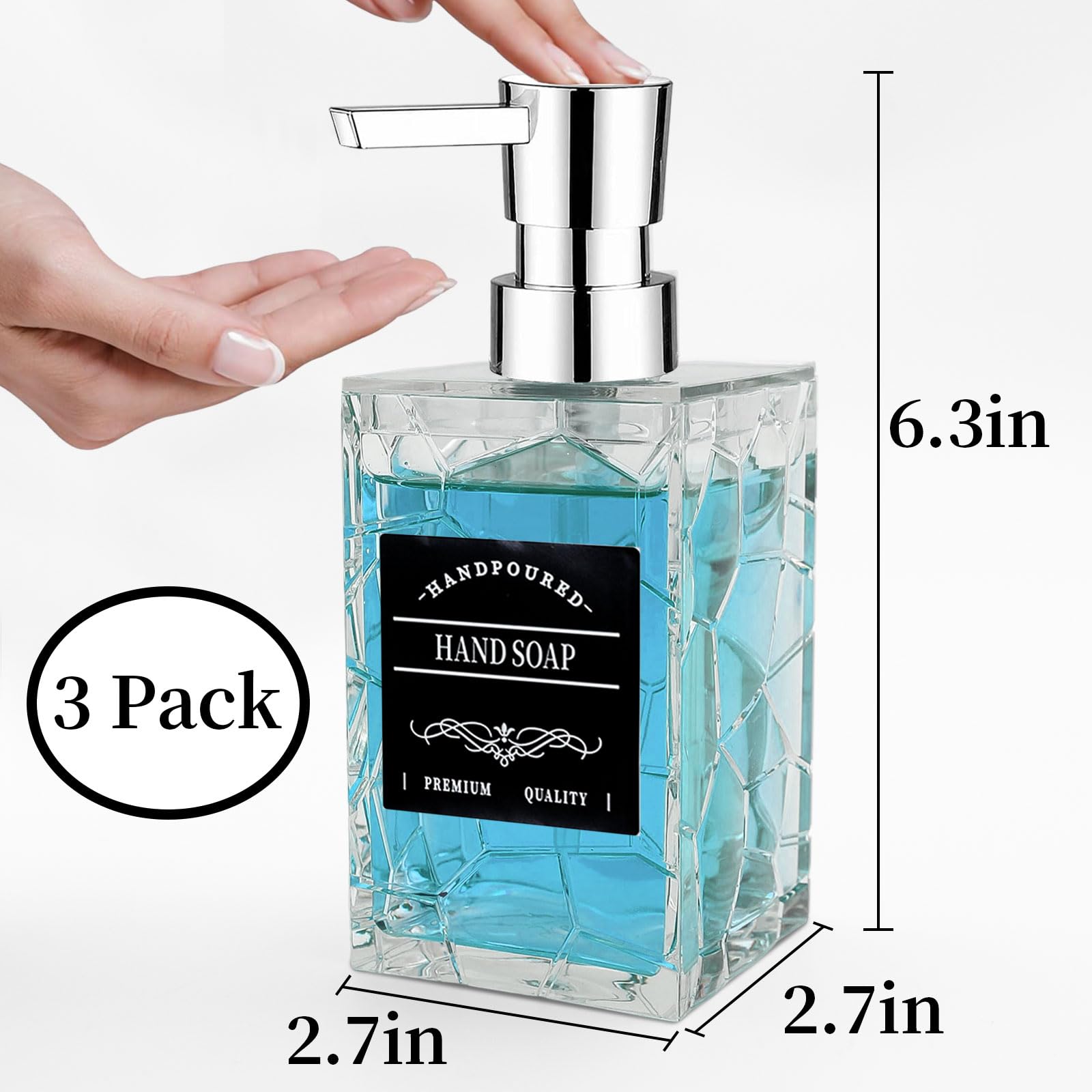 Dexspoeny 3 Pack Clear Bathroom Countertop Soap Dispenser,Refillable Soap Dispenser for Kitchen and Bathroom, Bathroom Soap Dispenser Set includes 12 Stickers and Transparent Funnel Tool