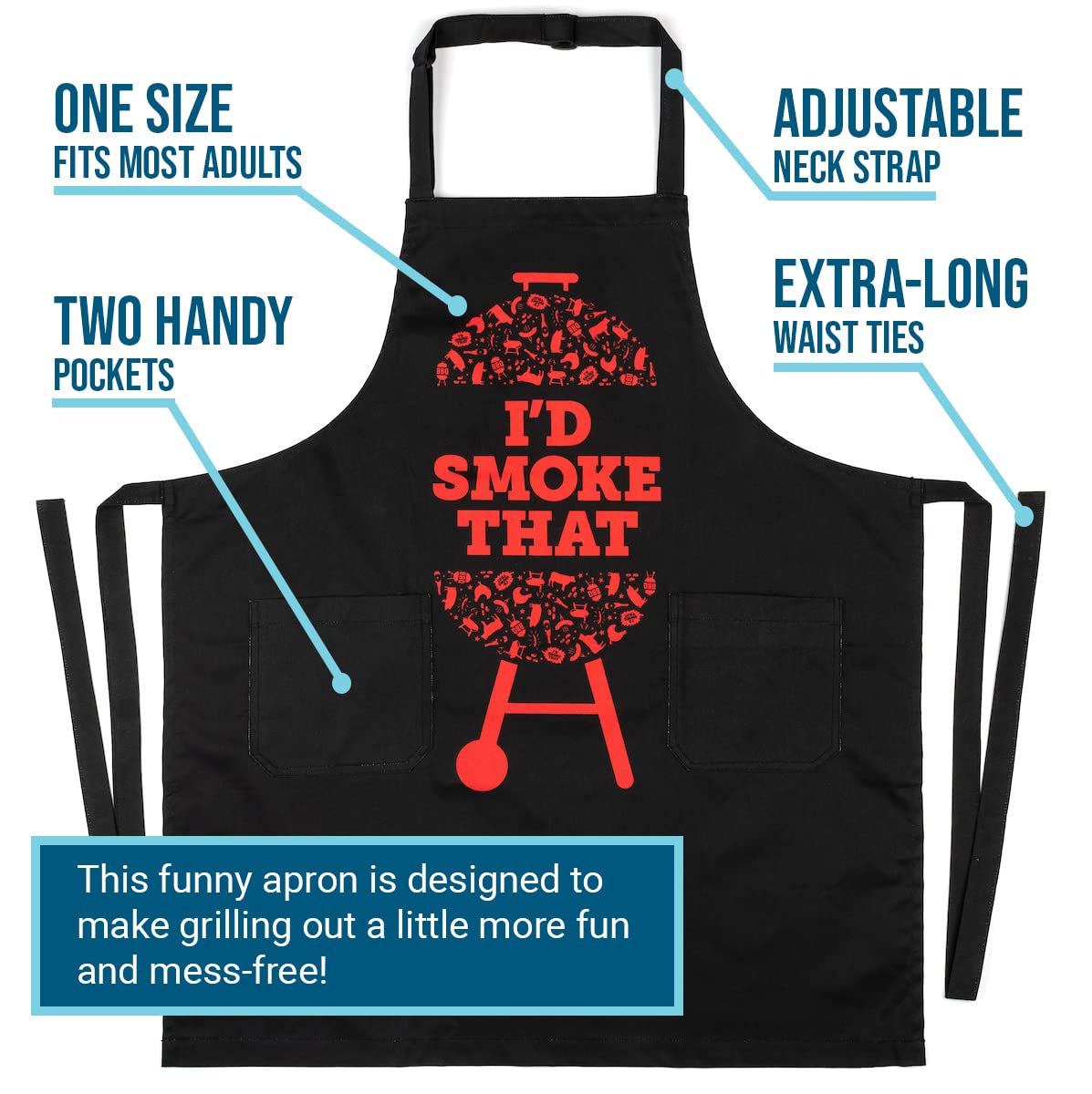 Lavley Funny Cooking Aprons Grilling Gift For Men & Women With Pockets, Extra Long Waist Ties & Adjustable Neck Strap (I'd Smoke That)