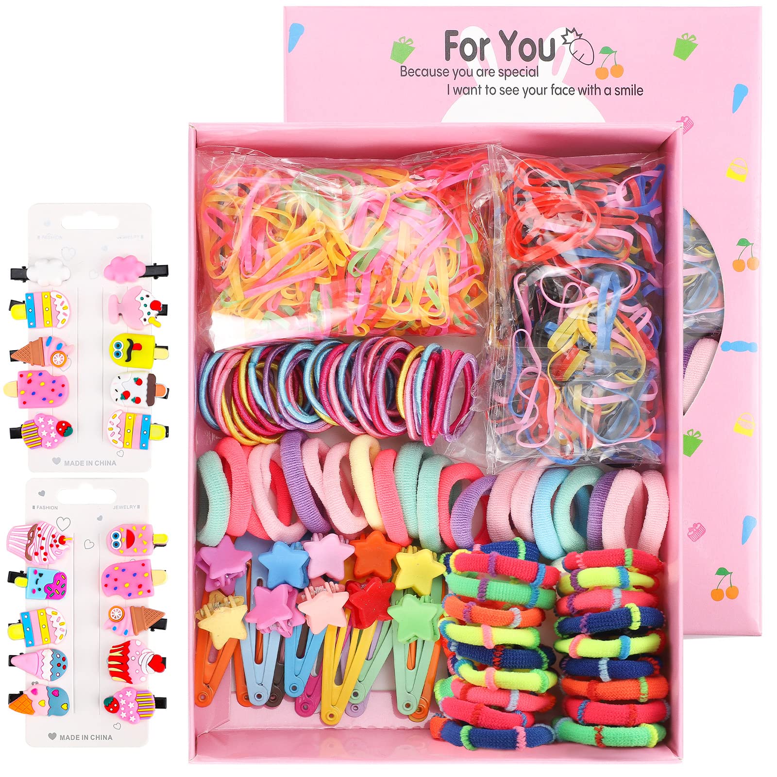 Girls' Hair Accessories, 800 Pcs Assorted Hair Ties, Rubber Bands in Different Styles for Toddlers and Teens - Gift Box Included
