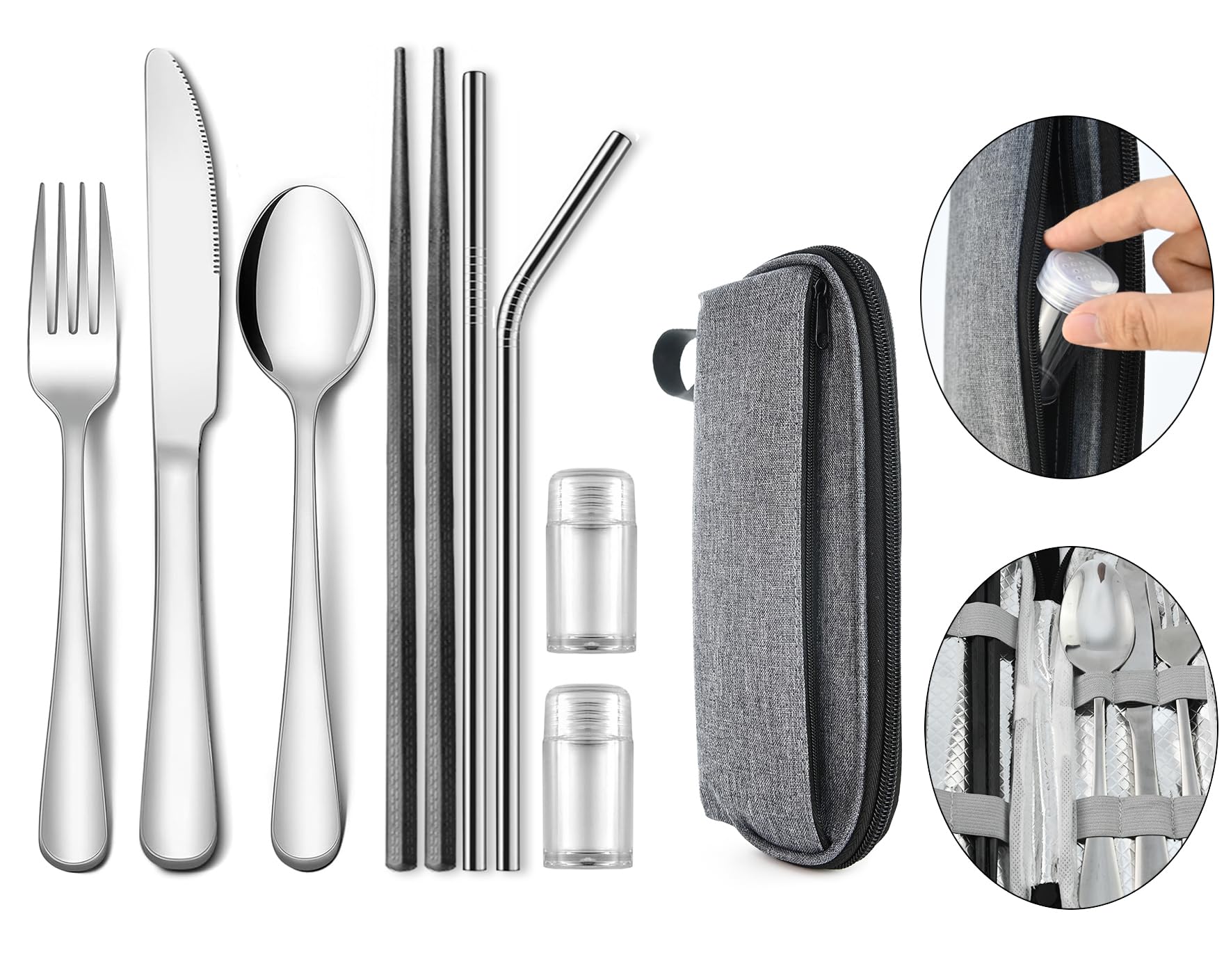 IFERRENS Travel Utensils Set with Splash-poof Bag, Portable Cutlery for Work, Reusable Camping Silverware Utensil, 18/0 Stainless Steel Flatware for Adult Lunch Picnic Hiking EDC Gadgets Lunch Box
