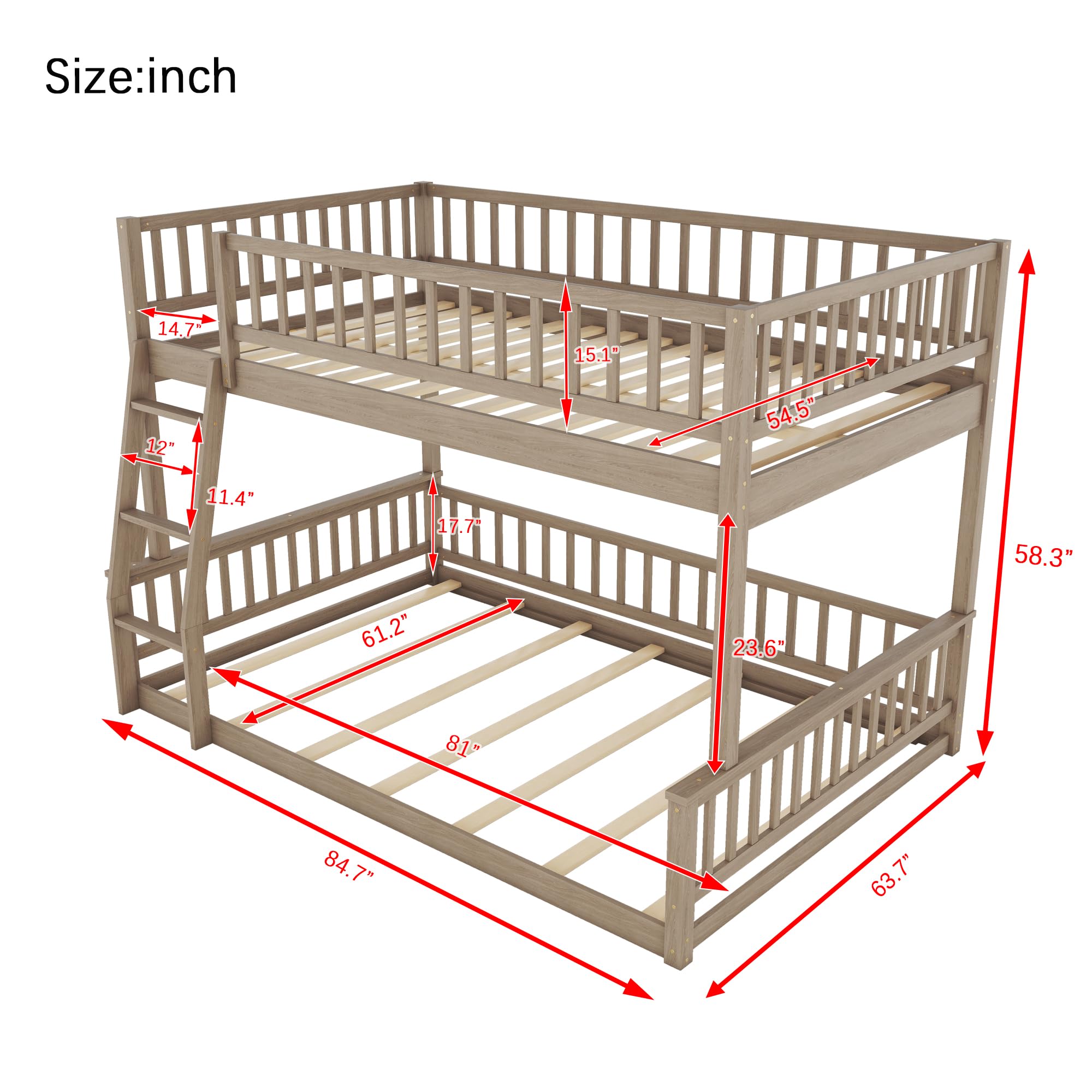 LZ LEISURE ZONE Full XL Over Queen Bunk Bed, Detachable Design Bunk Beds, Modern Wood Bunk Bed Frame with Ladder and Guardrails, No Box Spring Needed, Walnut