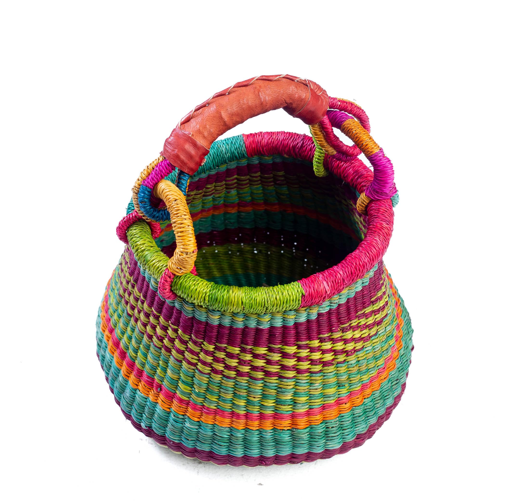 Market Basket Handwoven in Ghana Pot Shopping Bolga Leather Handle Storage African Basket (Large)