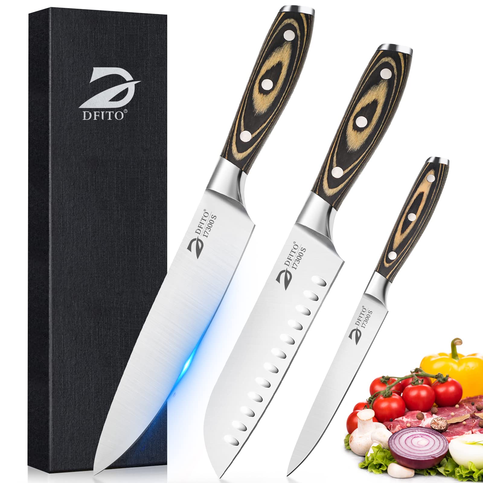 Dfito Kitchen Knife Set,High Carbon Stainless Steel Knife Set with Case for Kitchen,3 PCS Professional Ultra Sharp Knife Set includes 8'' Chef Knife, 7'' Santoku Knife and 5'' Utility Knife, Gift Box