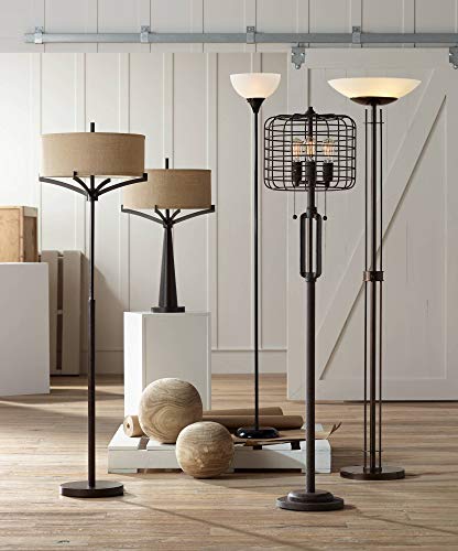 Franklin Iron Works Tremont Modern Mid Century Floor Lamp Standing 62" Tall Deep Bronze Metal Tan Burlap Drum Shade for Living Room Reading Bedroom Office House Home Decor