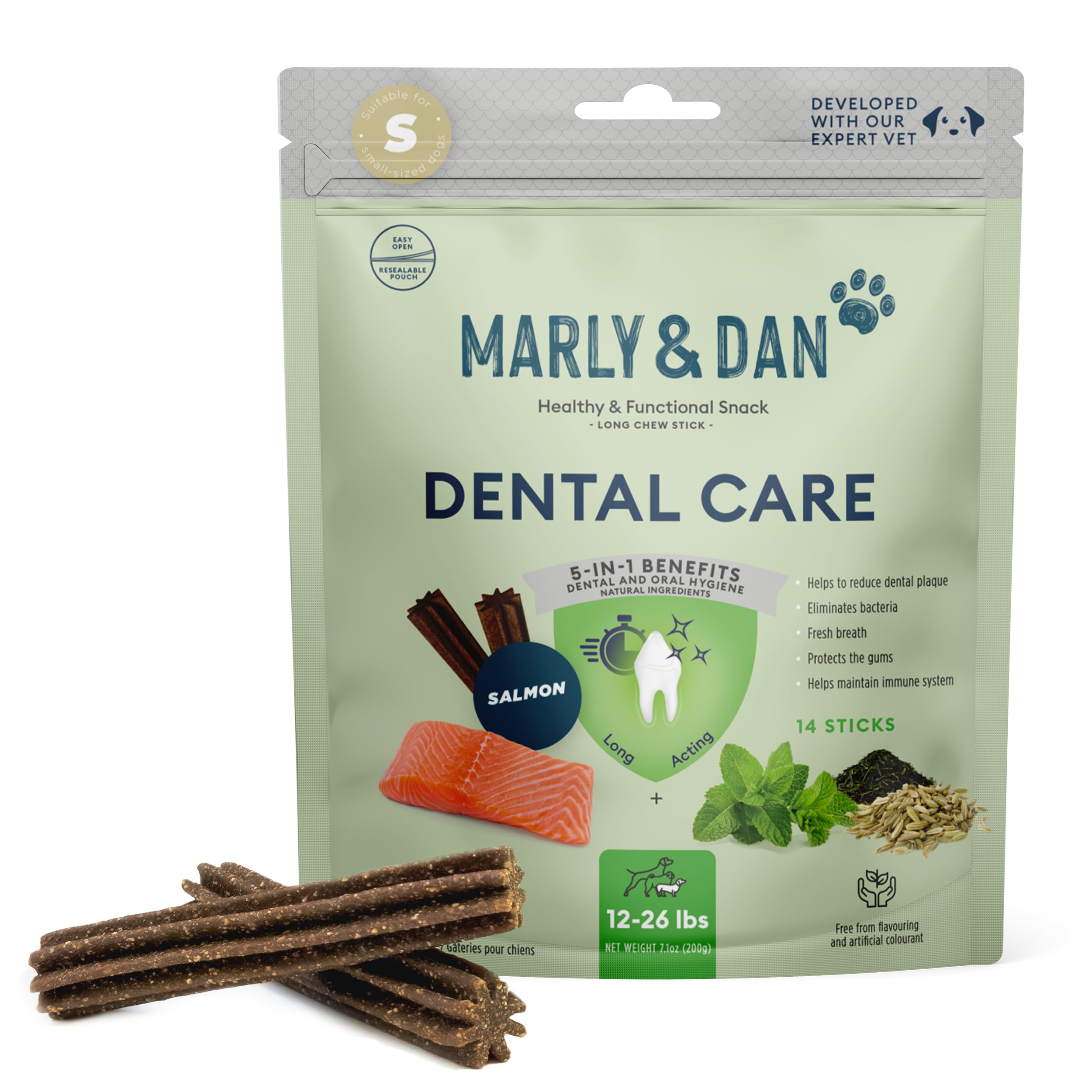 Marly & Dan Dental Care Chew Sticks, 5-in-1 Benefits for Dental and Immune System Health, Salmon, Peppermint & Green Tea, Chew Treats for Dogs (Dogs 12-26lbs)