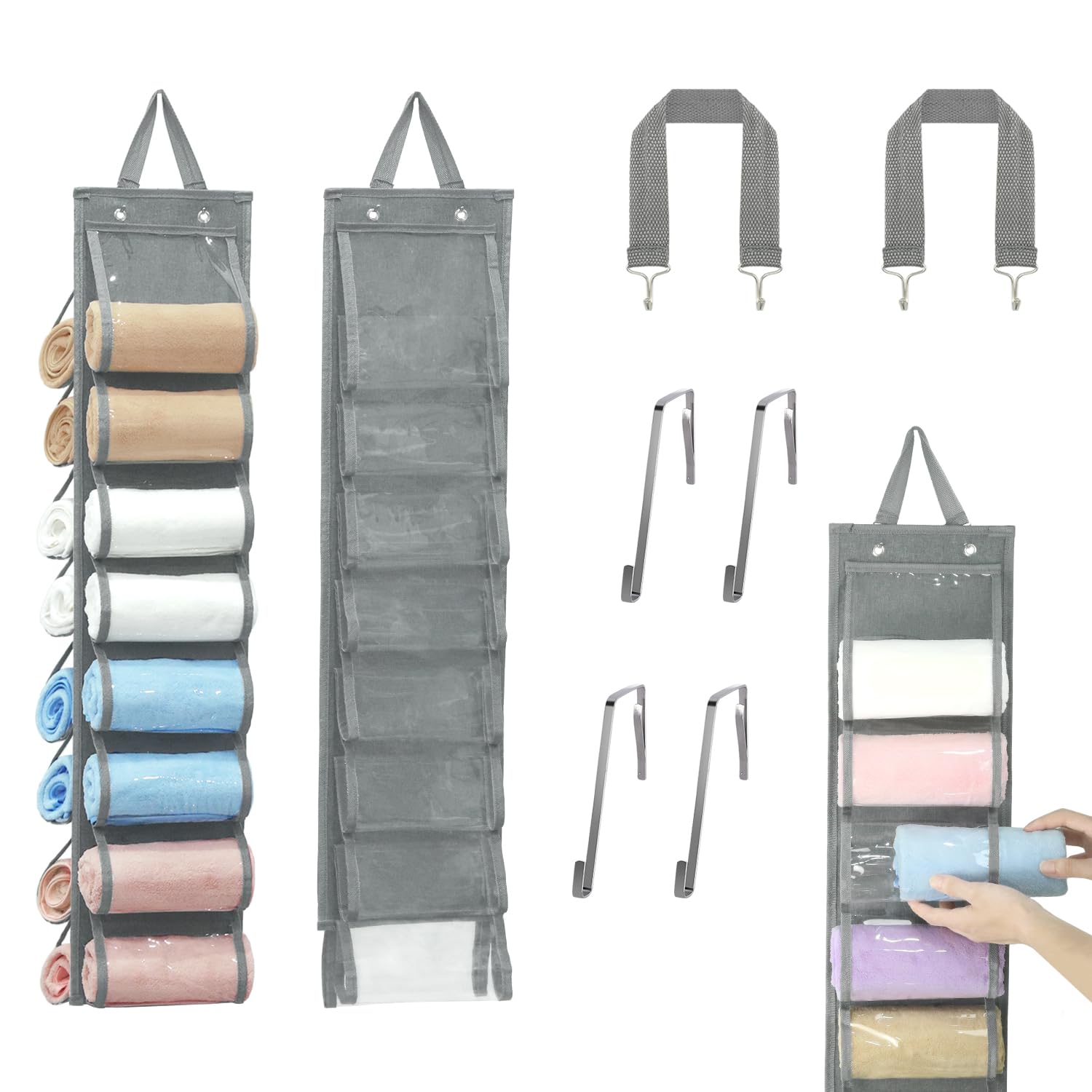 Leggings Storage Hanging Organizer,Storaging Hanger Roll Rack Holder for T-Shirt Jeans Gym Pants,RV Portable Closets Space Saver (Gray, 16 Compartments x 2Pack)