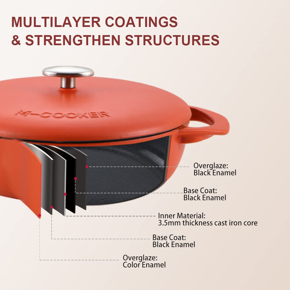M-COOKER 3.8 Quart Enameled Cast Iron Braiser Pan with Lid,Covered Cast Iron Casserole Dish, Shallow Dutch Oven with Lid, Gift Idea for Family, Oven Safe (Maple leaf red)