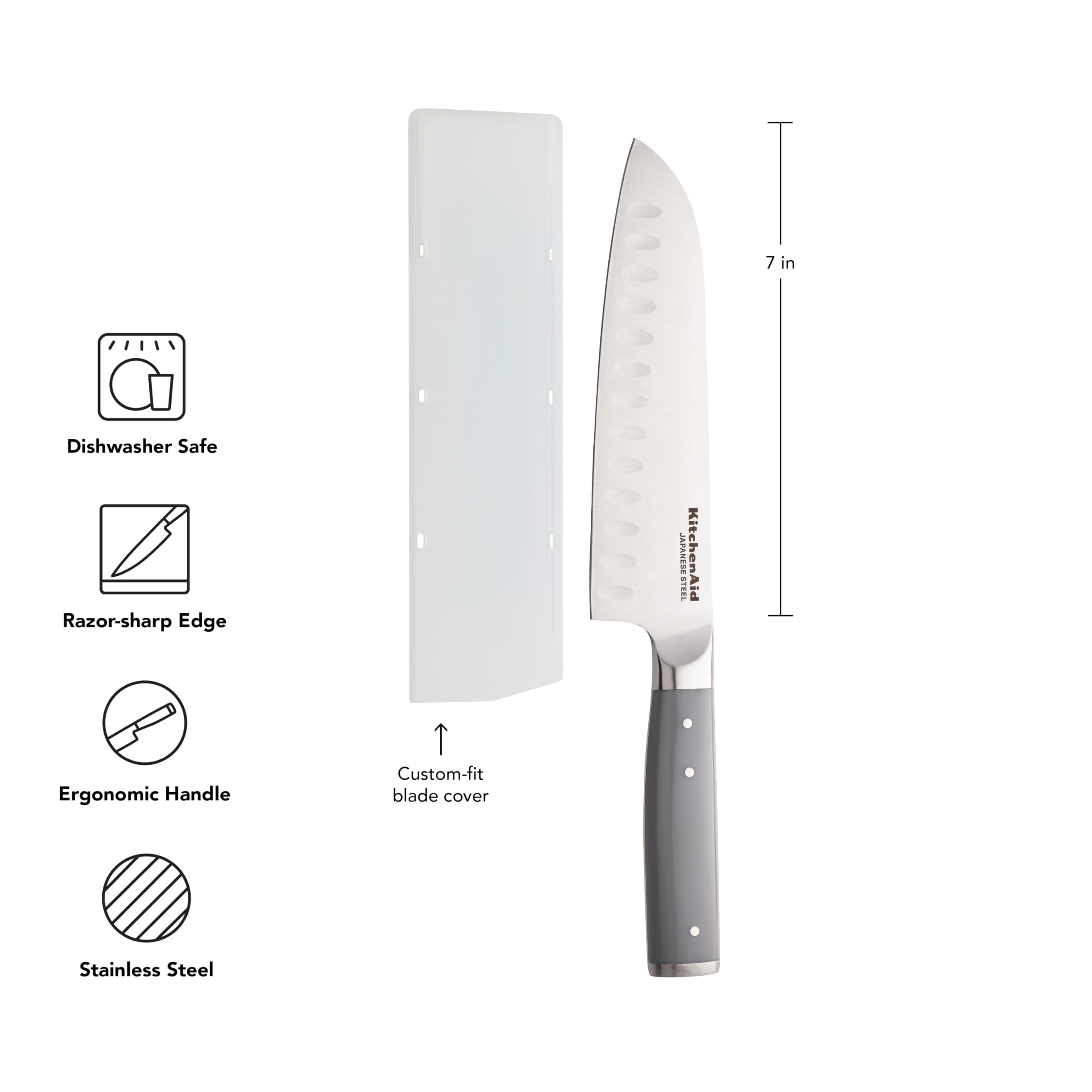 KitchenAid Gourmet Forged Santoku Custom-Fit Cover, Sharp Kitchen Knife, High-Carbon Japanese Stainless Steel Blade, 7 Inch, Gray