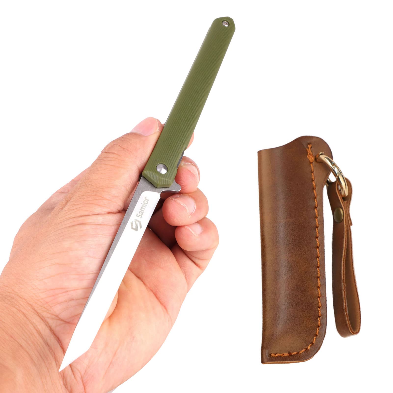Samior GA035 Small Slim Folding Pocket Flipper Knife, 3.5 inches 5CR13 Tanto Blade, ABS Handle With Liner lock Pocket Clip, Low Profile Gentleman's EDC Knives 1.3oz, Army Green