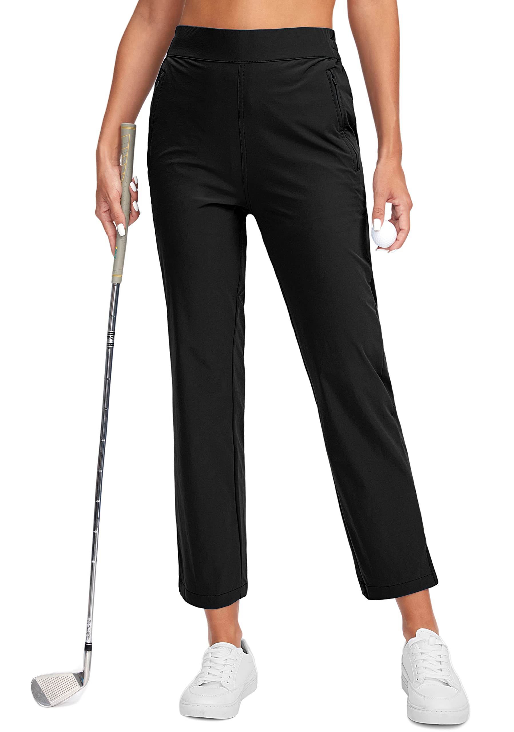 G Gradual Women's Golf Pants with Zipper Pockets Pull On Stretch Lightweight Quick Dry Ankle Pants for Women Travel Work (Black, M)