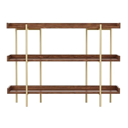 Martha Stewart Emmett 3 Shelf Storage Display Unit Bookcase with Metal, Set of 1, Walnut Wood Grain/Polished Brass Frame