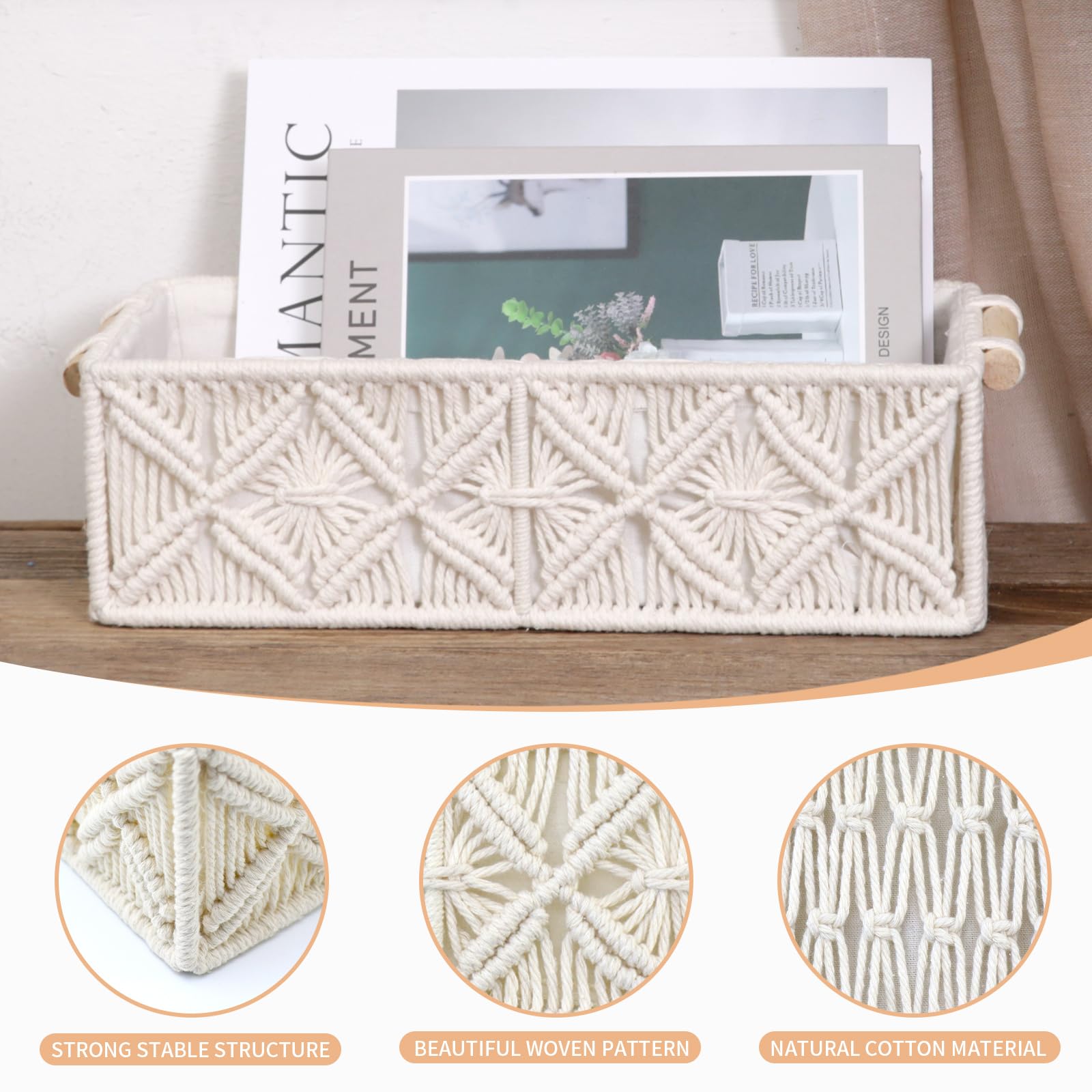Macrame Storage Baskets, Boho Decor Style Woven Storage Boxes for Home Organization, Toilet Tank Shelf Cabinet Organizer Baskets,Set of 2