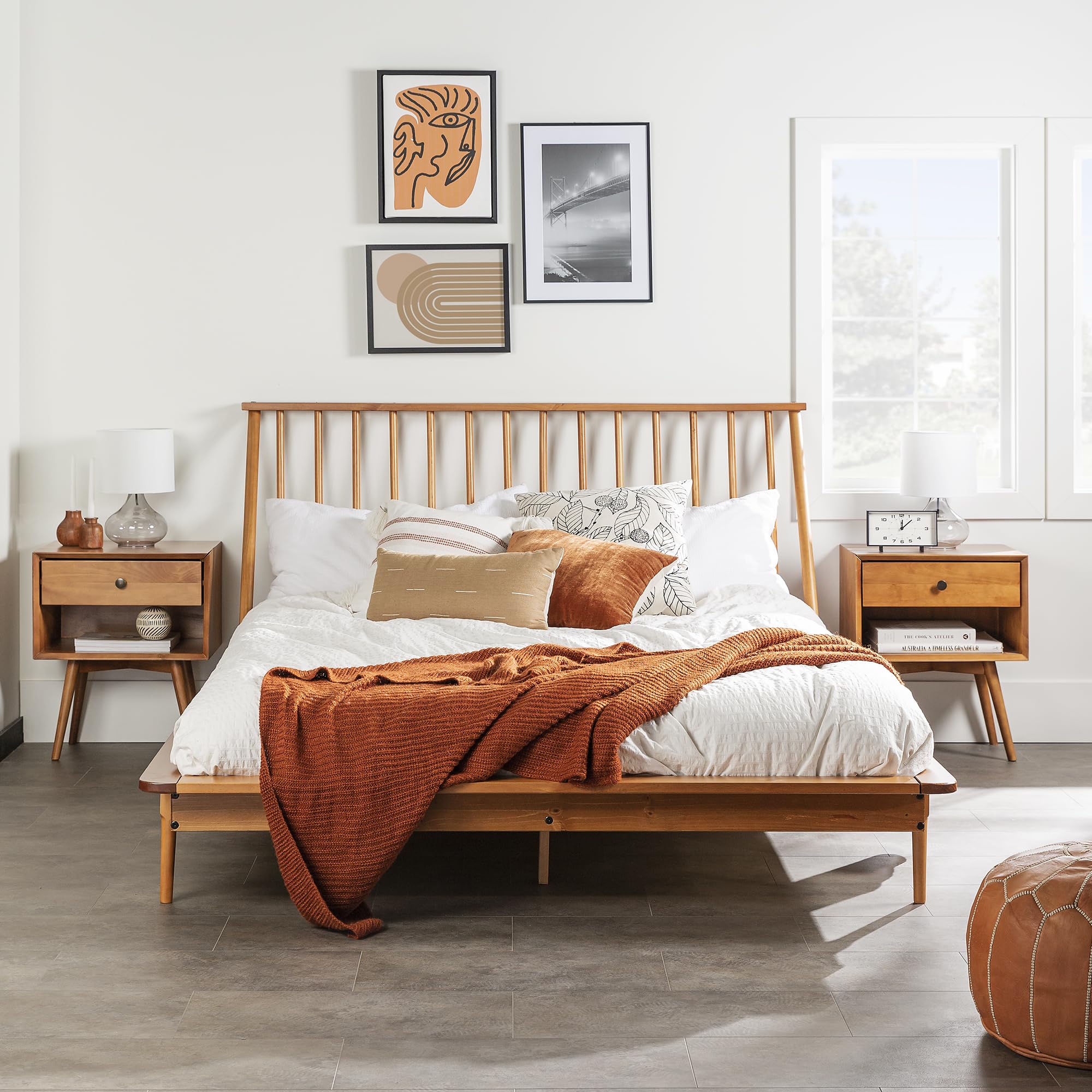 KOYVRY Wooden Spindle Bed Frame - Rustic Bed Frame with Spindle Headboard, Solid Wood Bed Frame with Tapered Legs, Wooden Platform Bed Frame for Living Room (Caramel)