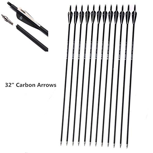 EROCK 28/30/32 Inch Carbon Archery Arrows, Spine 500 with Removable Tips, Hunting and Target Practice Arrows for Compound Bow and Recurve Bow (2 black 1 white-32 Inch, 6 Pack)