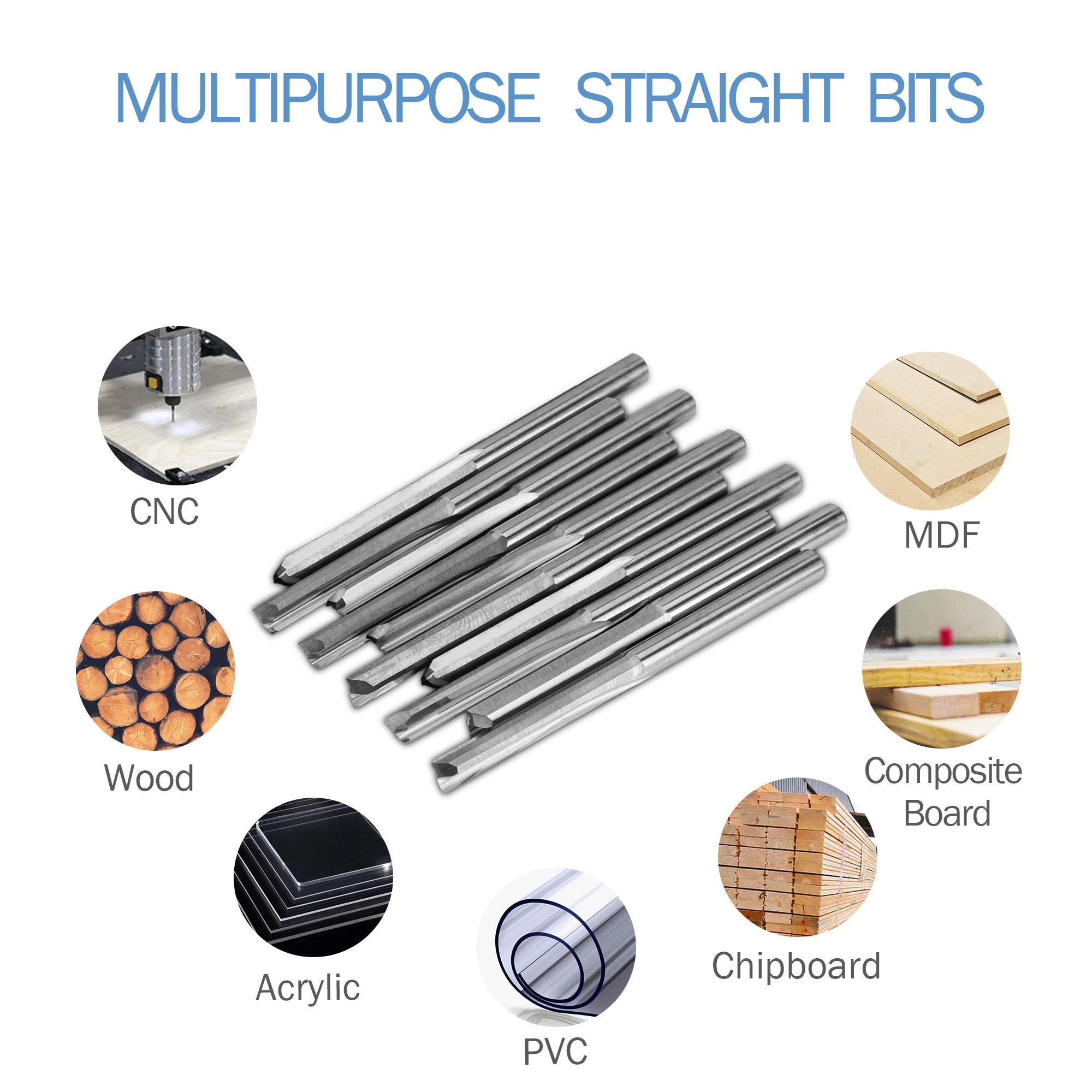 HQMaster CNC Router Bits 1/8 Router Bit Straight Router Bit 1 8 Shank Straight Flute End Mill Cutter 2-Flute Milling Cutting Tungsten Steel 22mm CEL/45mm OAL for MDF PVC Acrylic Chipboard Wood 10 Pack