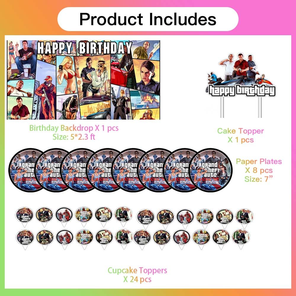 GTA Party Supplies Decorations Cake Topper Birthday Backdrop Background Decor
