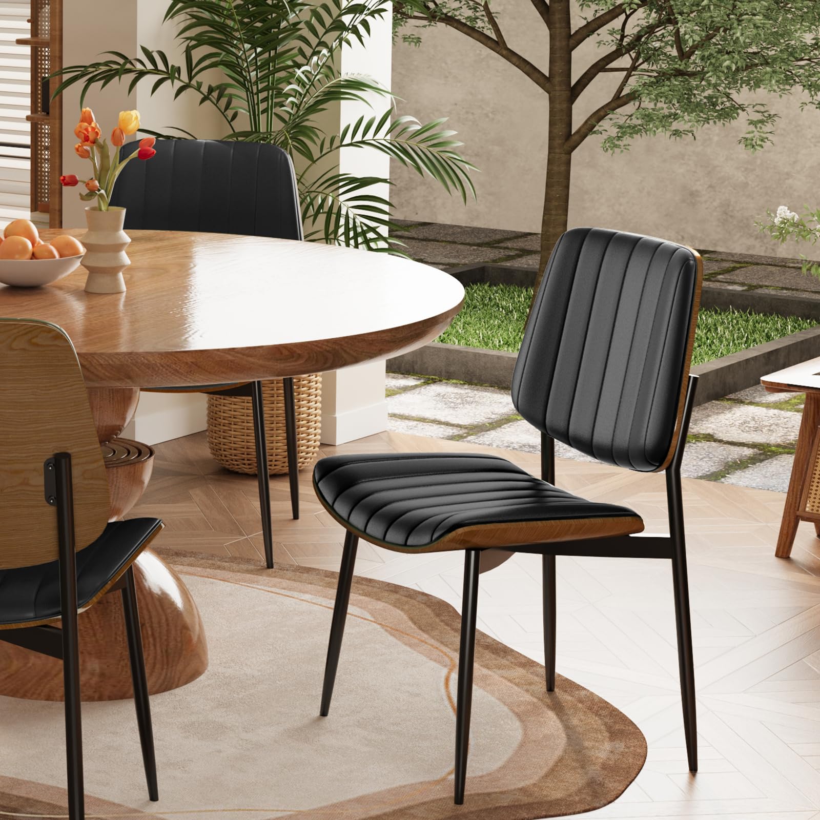Madaha Dining Chairs Set of 4, Mid Century Modern Chairs with Stitching and Metal Legs, Leather Dining Room Chairs Bentwood Upholstered Kitchen & Dining Room Chairs, Black