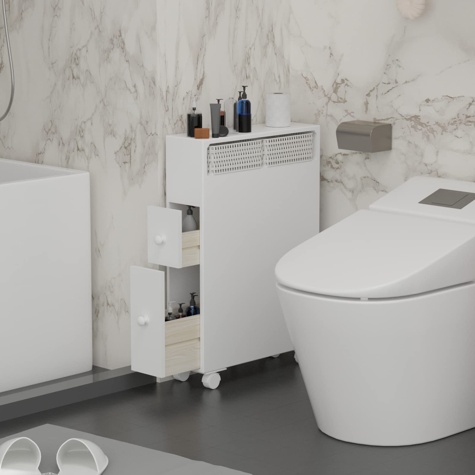 MASAKA B&W Bathroom Organizers and Storage,Slim Bathroom Storage Cabinet,Toilet Paper Storage, Movable Bathroom Storage Cabinet with 2 Drawers and Shelf, Corner Shelves, Side Storage Organizer Toilet