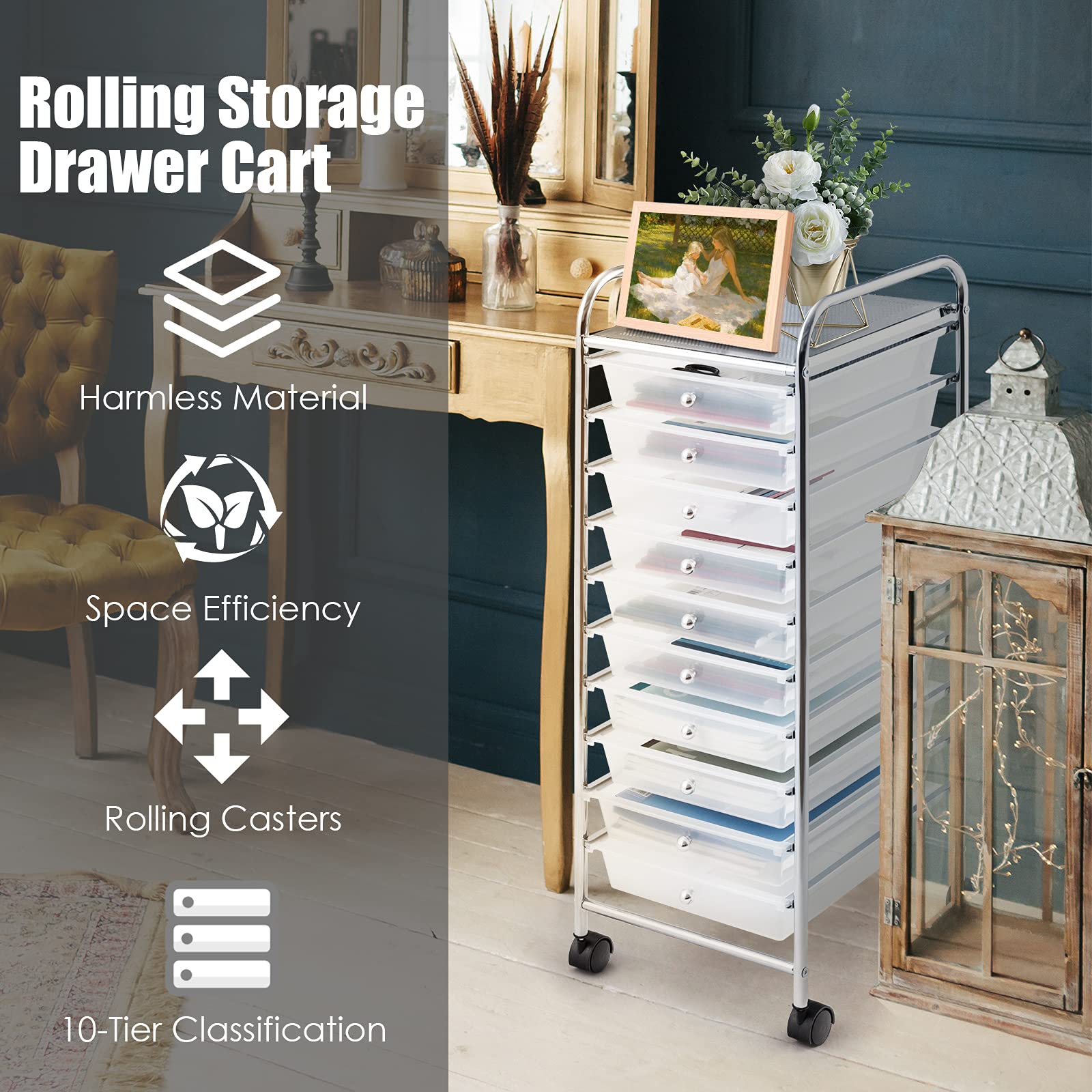 GOFLAME Rolling Drawer Cart with 10 Drawers, Utility Storage Organizer Cart with Wheels and Metal Frame, Art Cart for Office, School, Home, Clear