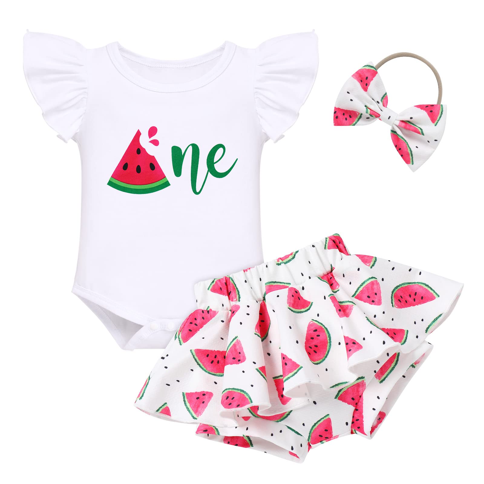 FYMNSI My 1st Birthday Outfit Watermelon Baby Girl Ruffle Romper Mini Tutu Shorts Skirted Bummies Headband I’m One Cake Smash Photo Shoot Toddler Summer Fruit Themed First Birthday Party Supply