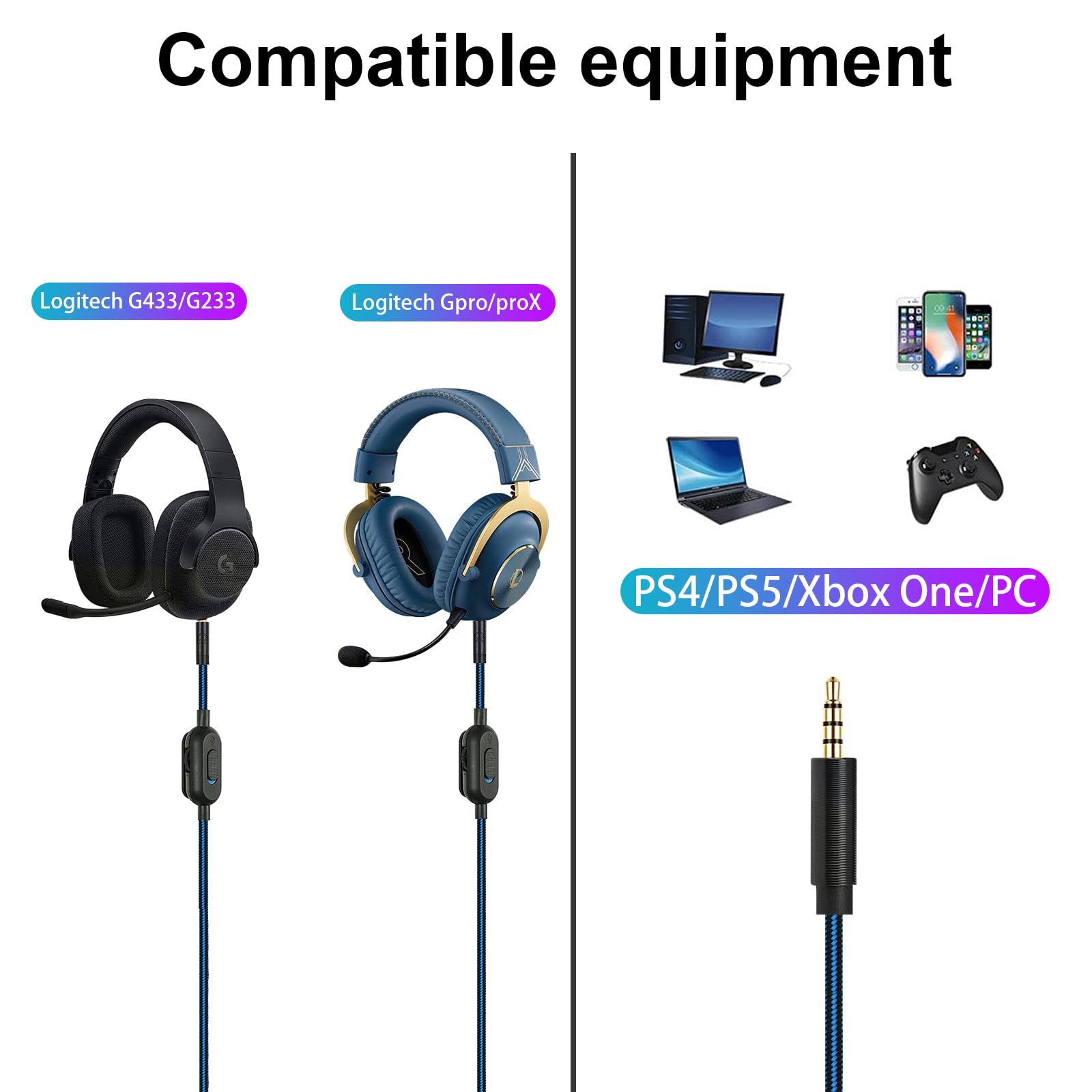 G433 Replacement Audio Cable Cord for Logitech G433 G233 G Pro G Pro X Gaming Headsets, Volume Control and Inline Mute with Tie Clip Works on PS4/PS5/Xbox One/PC (7Ft, No Inline Mic, Black)