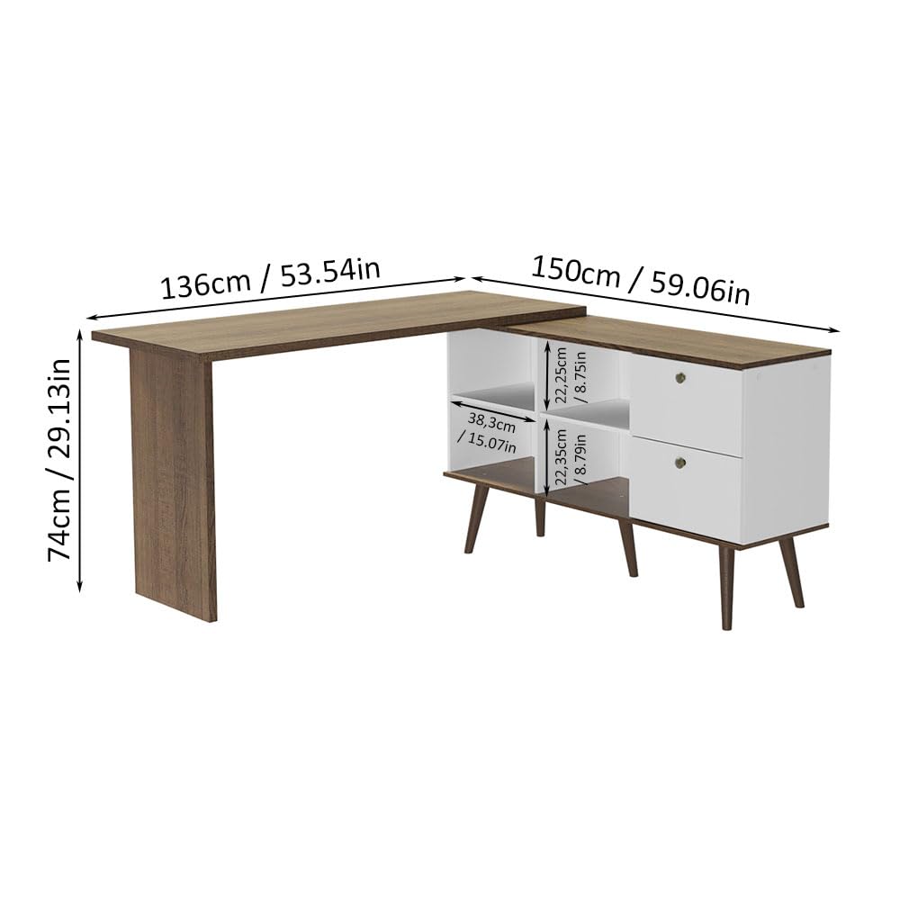 Madesa Modern L Shaped Desk 59 Inch with 2 Drawers and 4 Storage Shelves Home Office Corner Study Table Unit for Kids and Adults - White/Brown