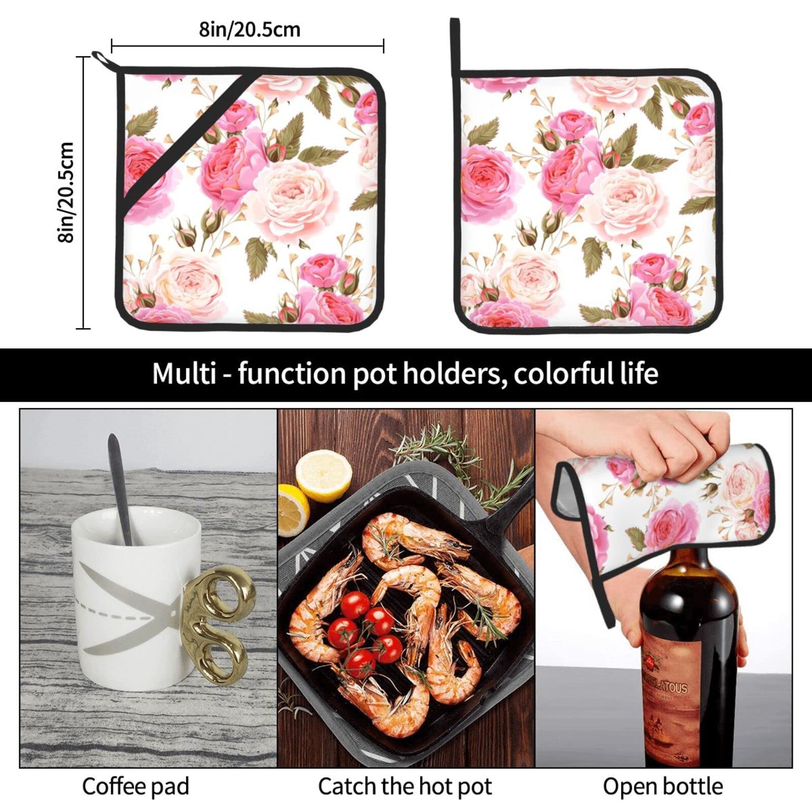 Floral Flower Rose Pink Print Pot Holders Sets,Kitchen Oven Glove High Heat Resistant 500 Degree Oven Mitts and Pot Holder,Surface Safe for Baking, Cooking, BBQ,Pack of 2