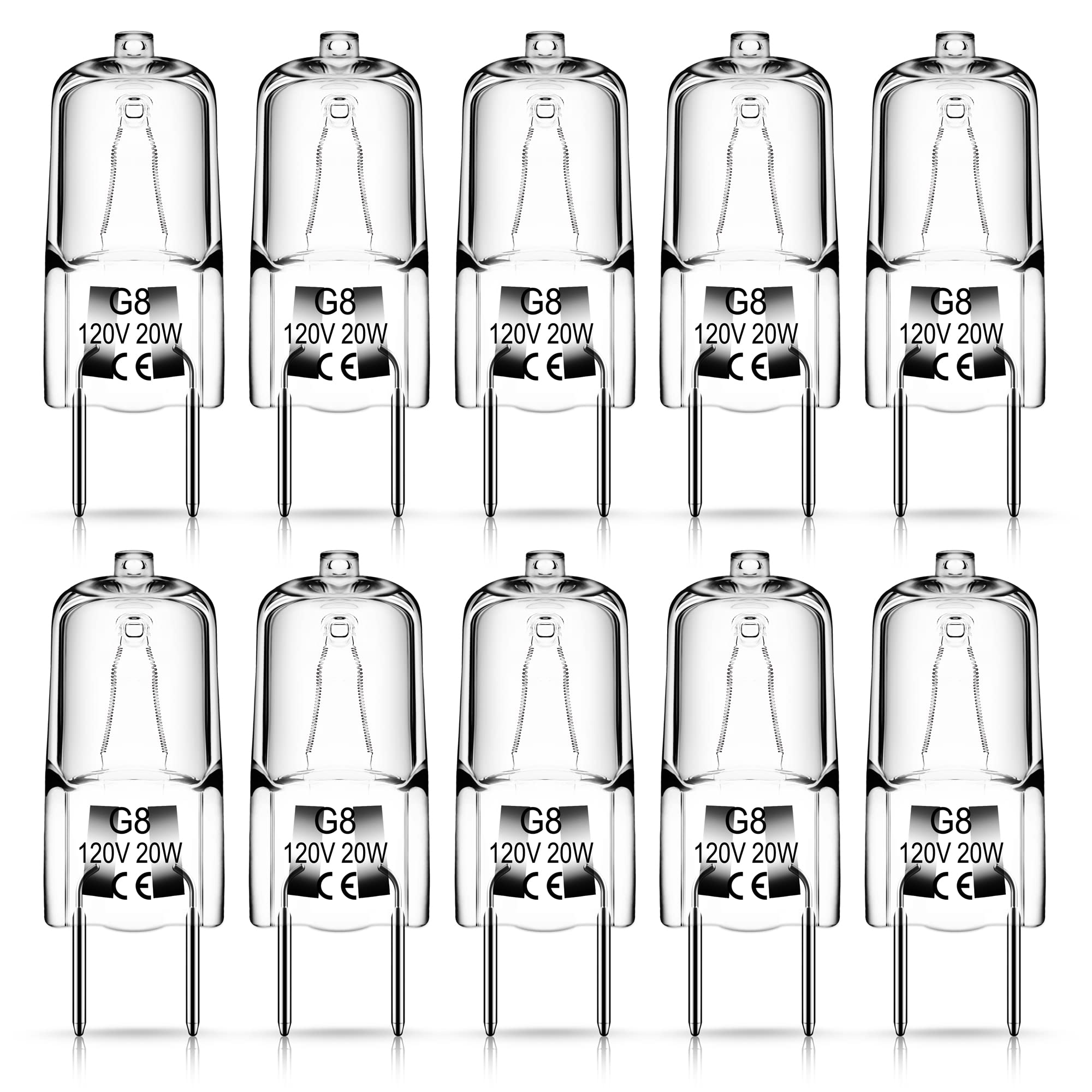 DORESshop G8 Halogen Light Bulbs, Halogen Light Bulbs 2 pin, 20W Dimmable 120V G8 Base 2Pin Xenon Bulb T4 Warm White Under Cabinet Puck Lighting Replacements, Kitchen Hood, Landscape Lights, 10 Pack