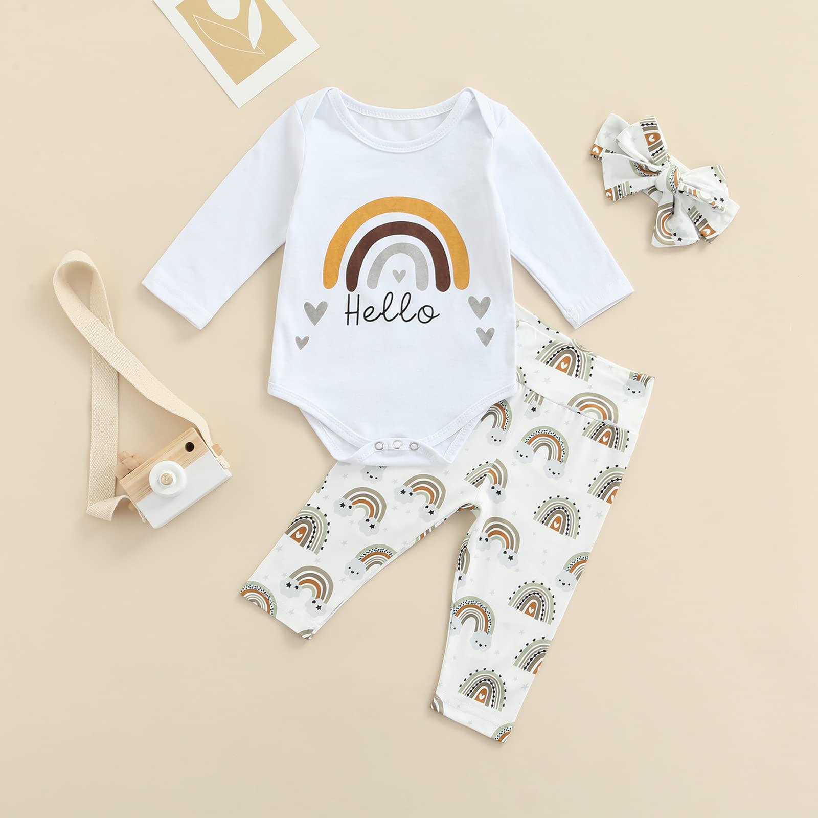 Newborn Baby Girl Rainbow Outfit Long Sleeve Romper Top + Rainbow Pants+ Headband 3Pcs Infant Fall Winter Clothes (White, 6-12 Months)