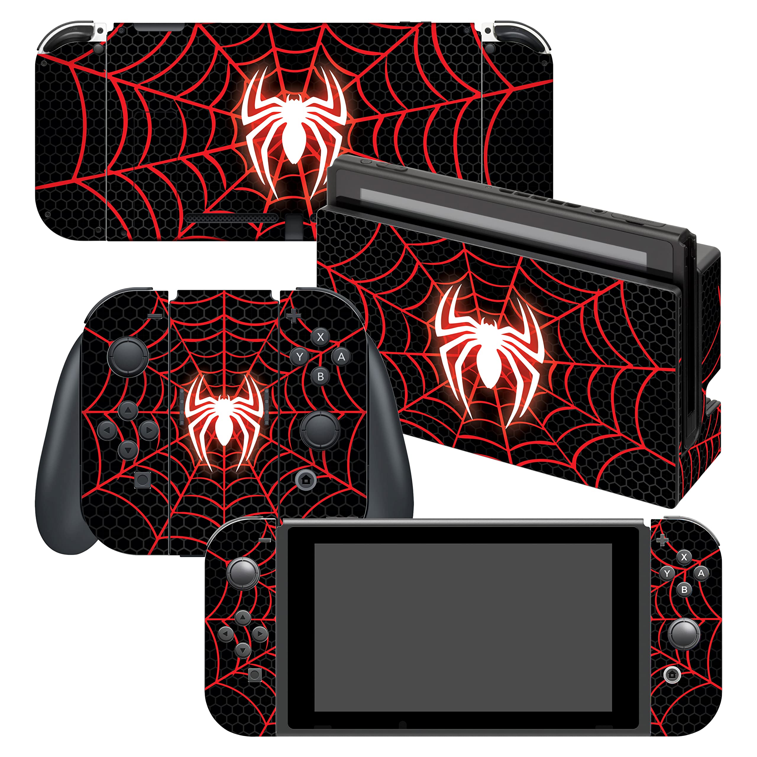HK Studio Game Console Switch Skins - Spider Game Console Switch Stickers with No Bubble, Waterproof - Game Console Switch Wrap Skin - Including Skin for Joy-Cons, Dock, Grip and Console