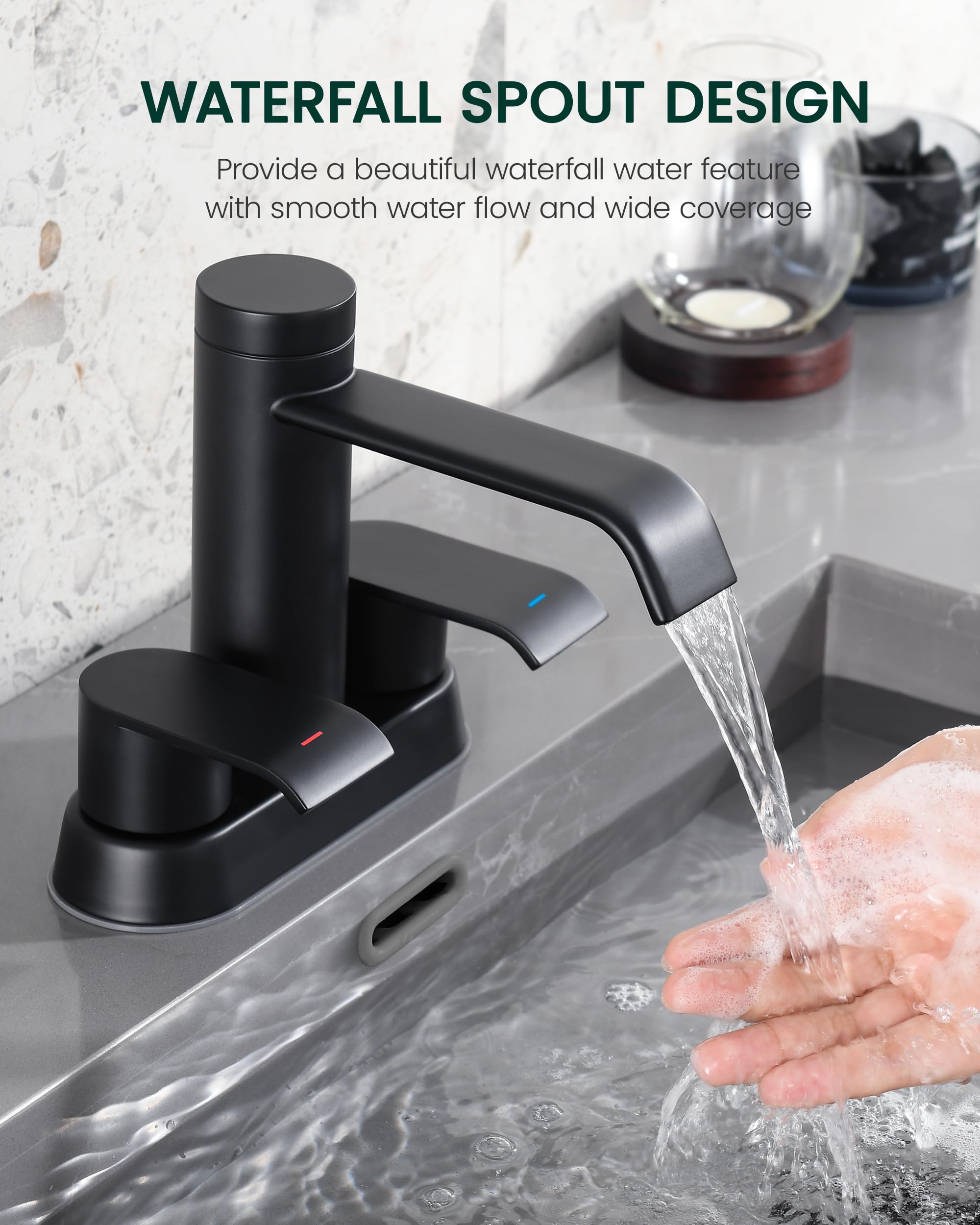 Matte Black Waterfall Bathroom Sink Faucet - HEISOK 4 Inch Bathroom Faucet with Overflow Pop Up Drain & Supply Hose, Stainless Steel 2 Handles Centerset Lavatory Vanity Bath Faucet for 2 or 3 Hole