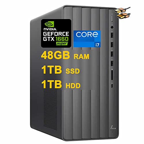 HP Envy Gaming Tower Desktop Computer 11th Generation Intel Octa-Core i7-11700F Processor 48GB RAM 1TB SSD + 1TB HDD Nvidia GeForce GTX 1660 Super 6GB Graphic USB-C VGA Win11 Black + HDMI Cable