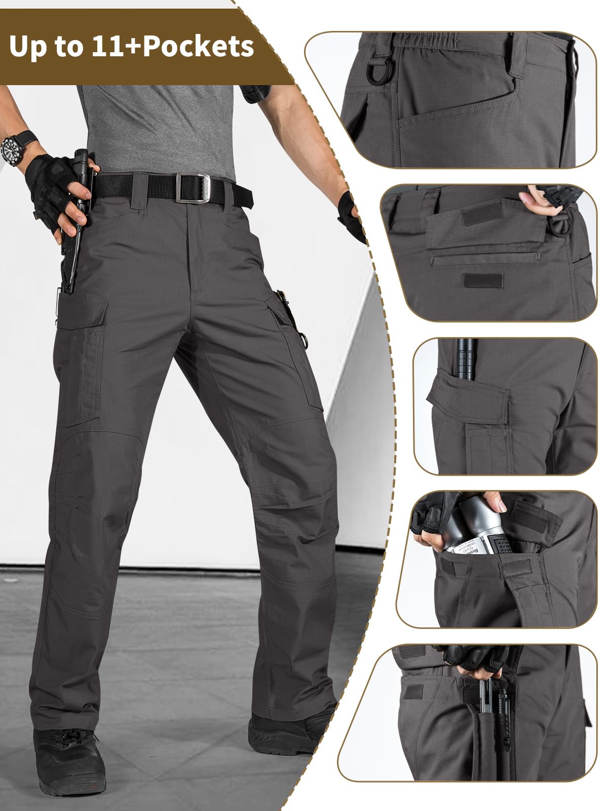 FREE SOLDIER Mens Cargo Pants Lightweight Work Pants for Men Water Resistant Tactical Pants with Pockets for Hiking Outdoor(Gray34Wx30L)