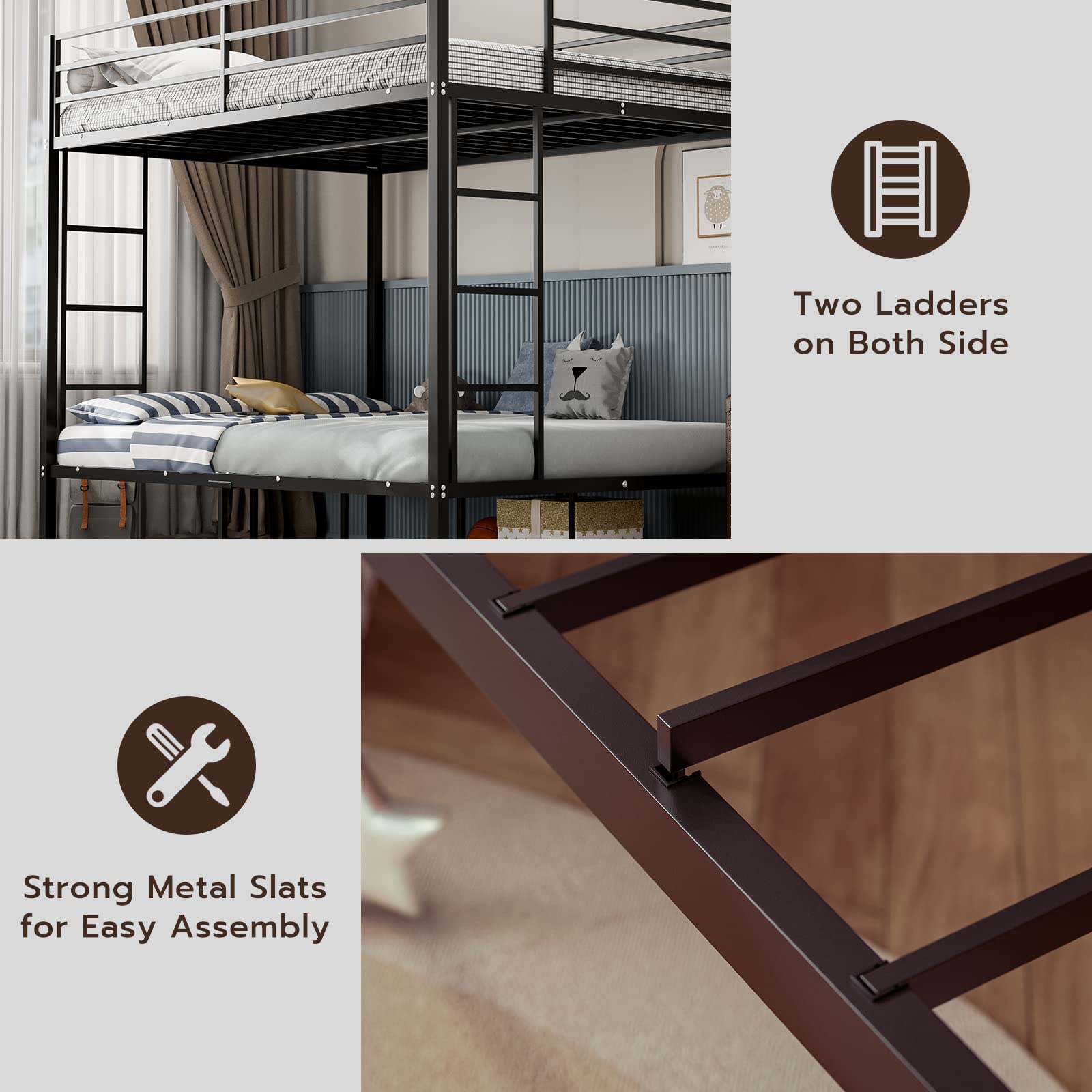 IKIFLY Metal Full Over Full Bunk Beds, Heavy Duty Full Size Bunk Bed Frame with 2 Built-in Ladders, Safety Guard Rail, Space-Saving Design, for Kids, Teens, Adults - No Box Spring Needed - White