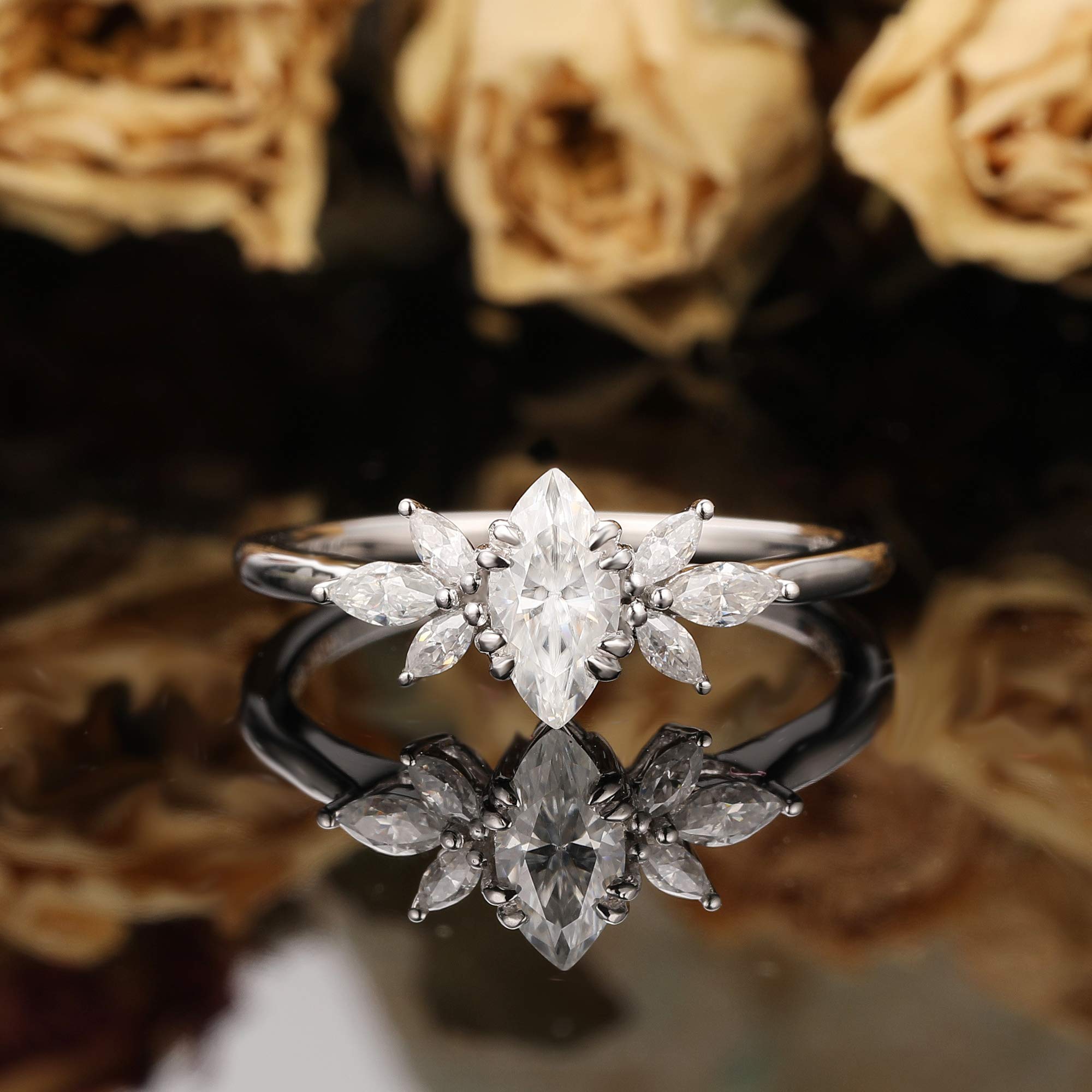 Esdomera Moissanite Wedding Anniversary Ring 0.50ct Excellent Marquise Cut 4x8mm Moissanite Platinum Plated Silver Rings for Women (6)