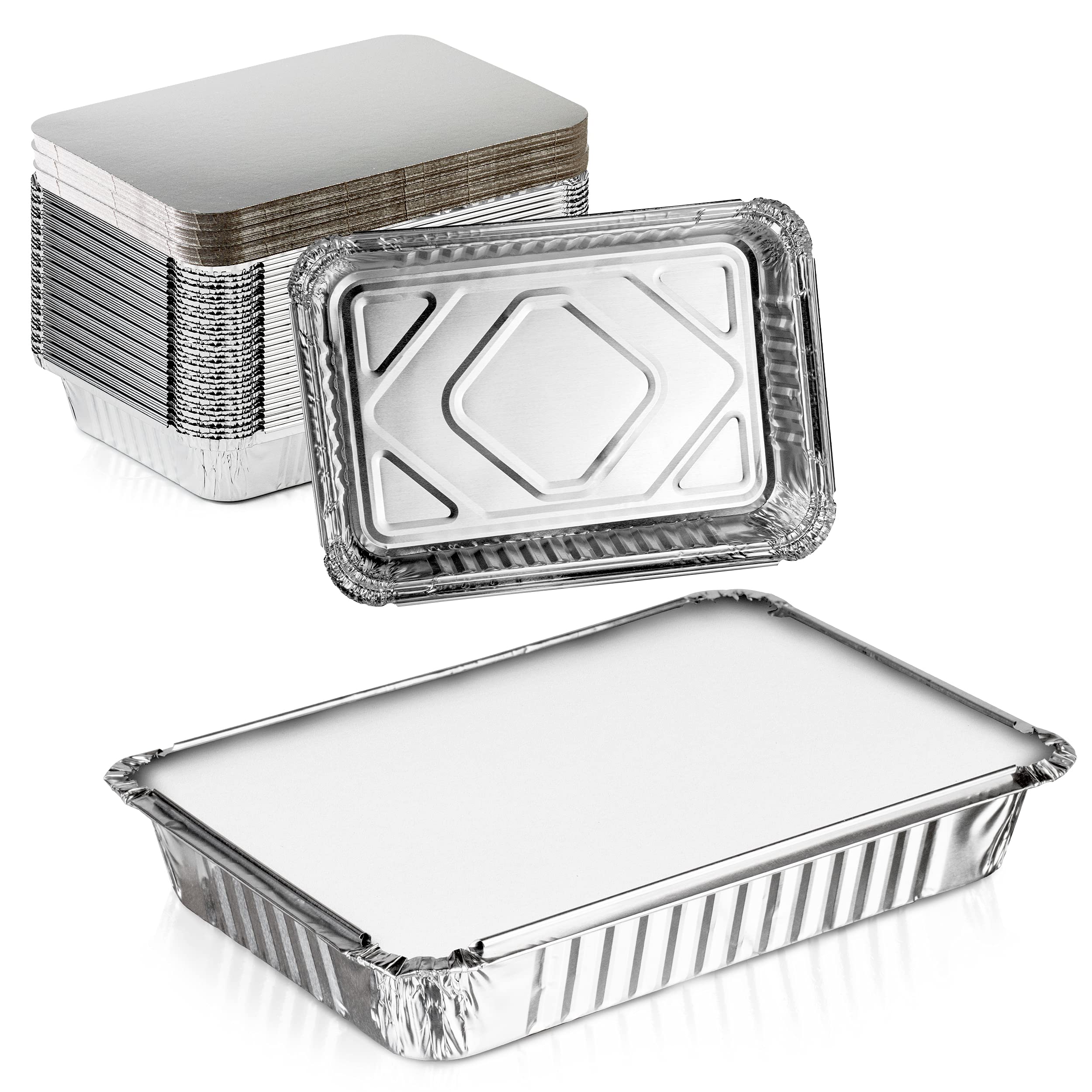 Fit Meal Prep 50 Pack 1.5 lb Aluminum Foil Pans with Lids, 8.75 x 6.25 x 1.5â Take Out Food Containers with Cardboard Cover for Spill Proof, Disposable Aluminum Baking Pan Freezer Oven Safe