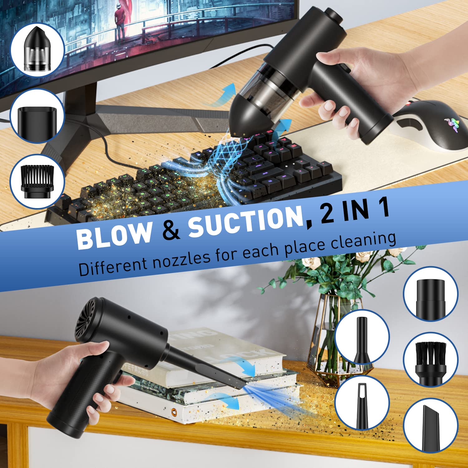 KMM Compressed Air Duster, 7600mAh Keyboard Cleaner, No Canned Air Duster, Replacement for Compressed Air Can, 91000RPM Electric Air Blower with LED Light