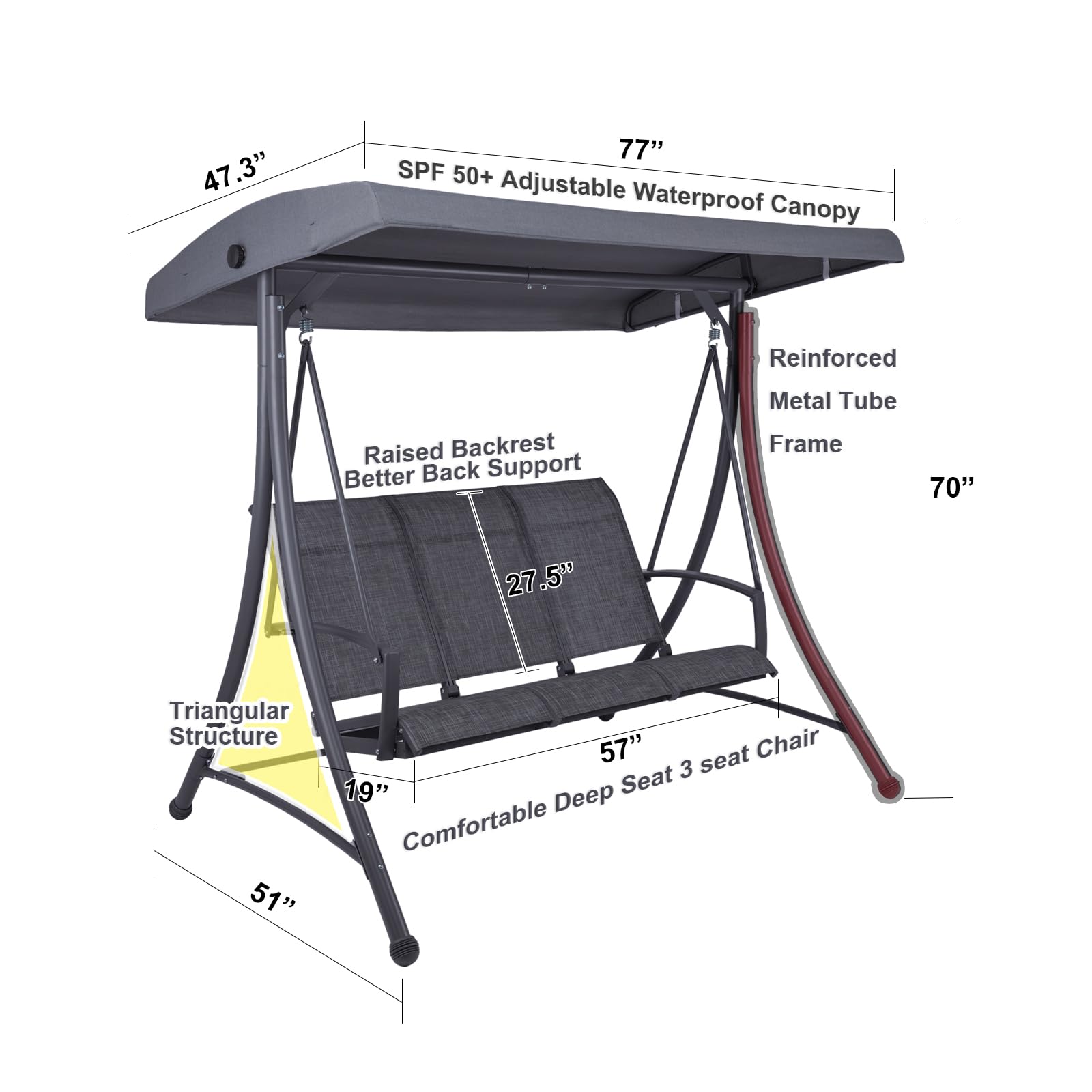 KMX 3-Seat Heavy Duty Outdoor Patio Swing with Canopy, Breathable High-Back Seats, Porch Swing with Adjustable/Removable Canopy for Backyard, Balcony, Garden, Deck – Gray