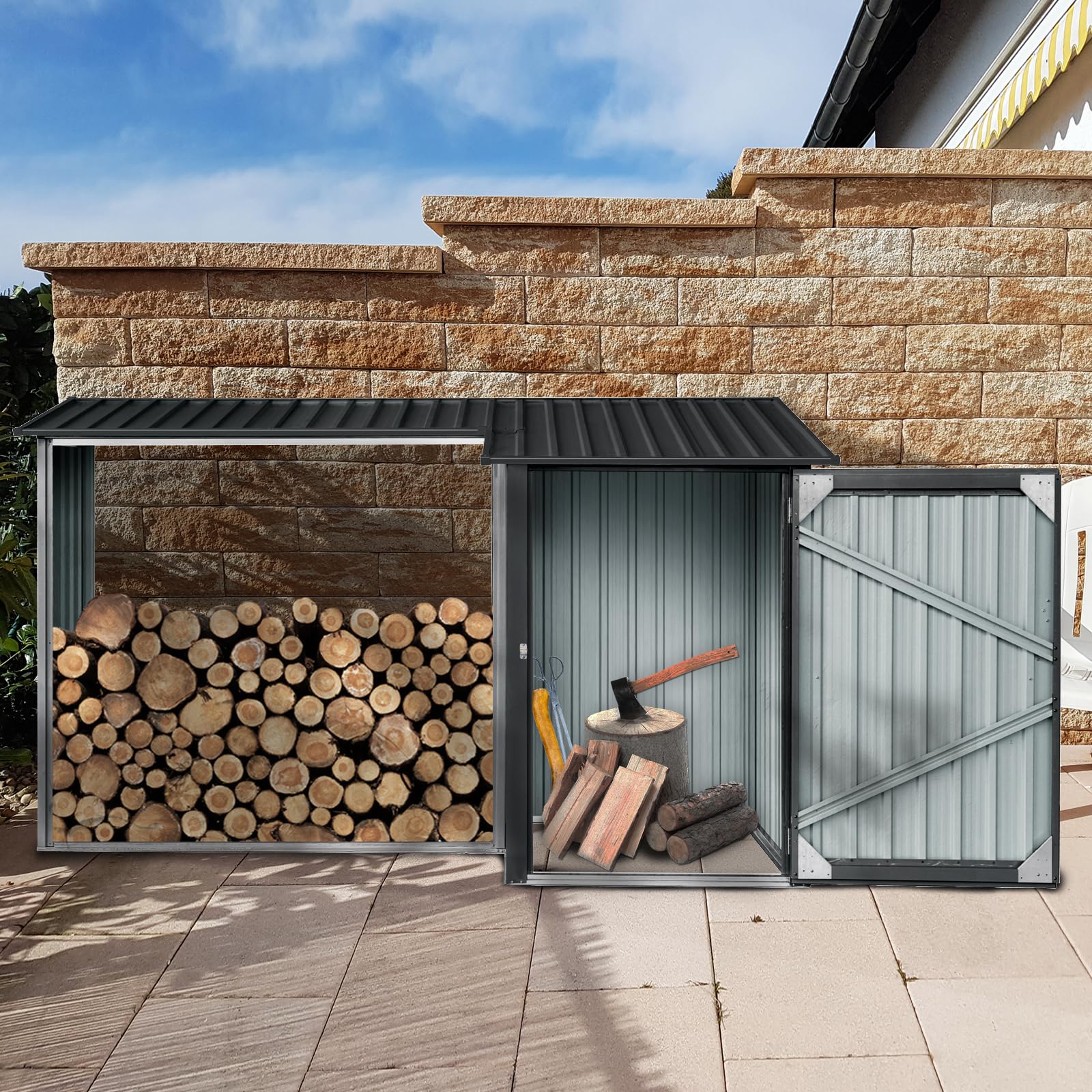 Outdoor and Indoor Firewood Storage Shed Metal, Open Shed for Firewood Storaging, Make Wood Accessible and Protect Wood (3.35βΓ8.86β Two in One)