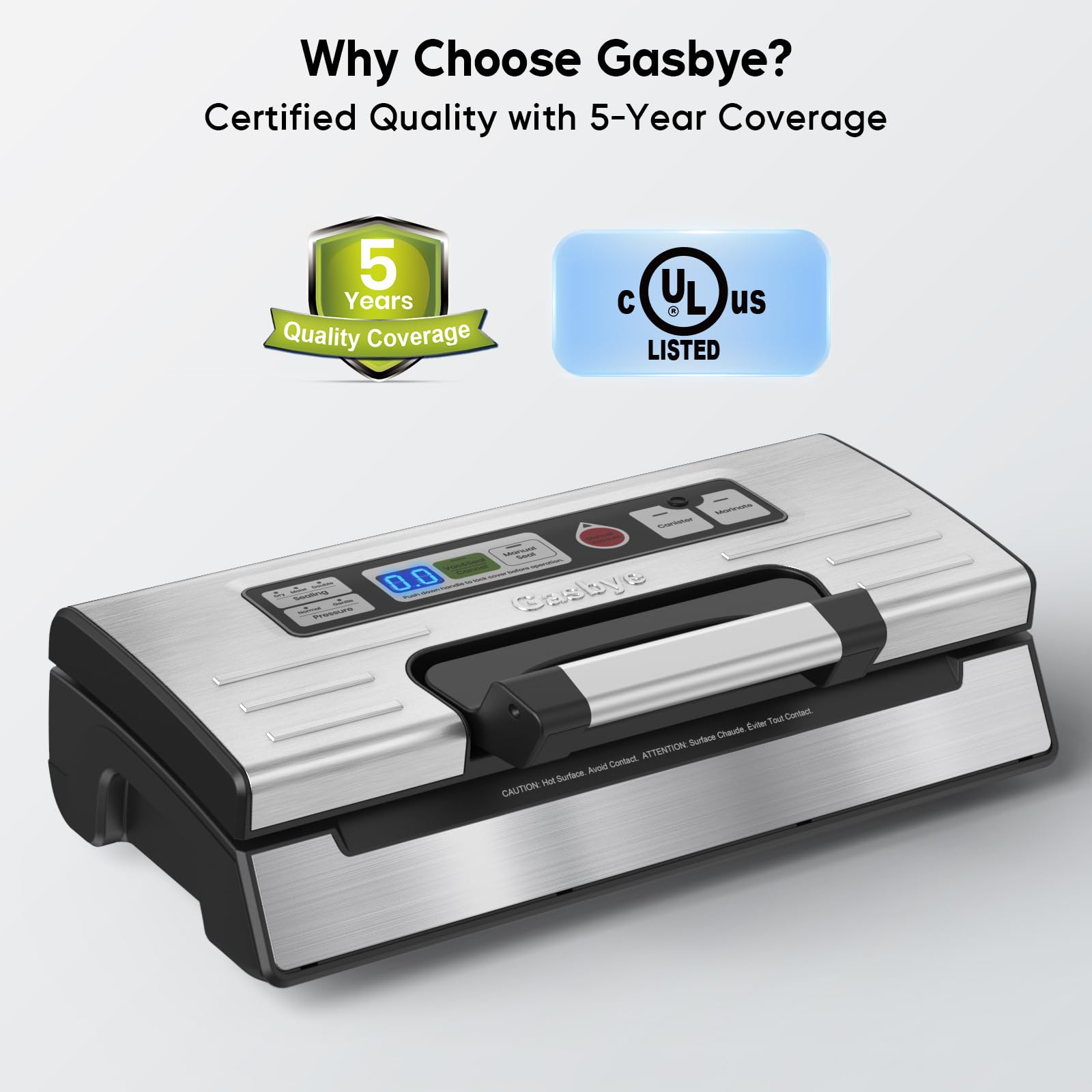 Gasbye Vacuum Sealer Machine, 90kPa Food Sealer with Double Heat Seal for Dry/Moist Food, Easy-lock Handle, Built-in Bag Storage & Cutter, Progress Display, Removable Drip Tray, Silver