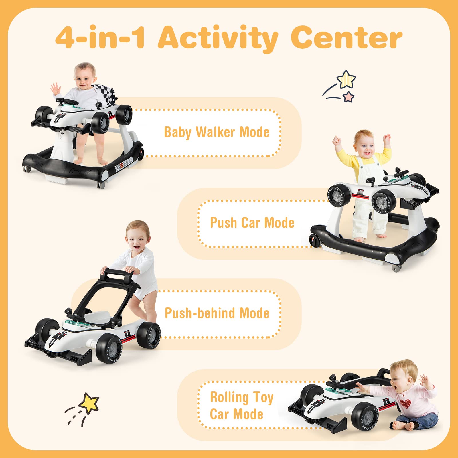 GLACER 4-in-1 Baby Walker, Folding Infant Walker with Adjustable Height & Speed, Music Box with Light, Steering Wheel, Soft Cushion, Toddler Toy Activity Center for Babies Aged 6-18 Months