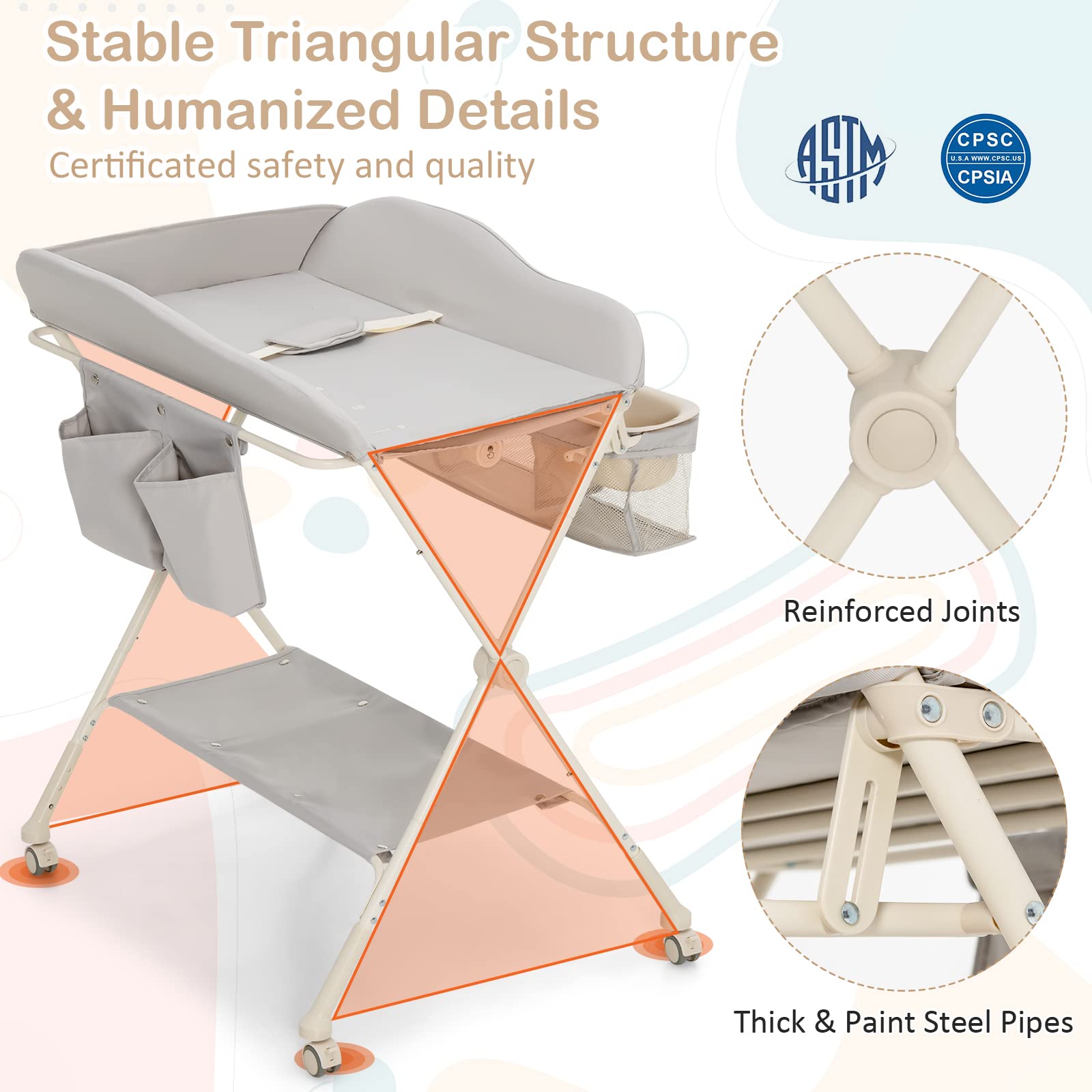 GLACER Foldable Diaper Changing Station, Height Adjustable Changing Table with Storage, Removable & Lockable Wheels, Safety Belt, Water Basin, Mobile Nursery Organizer for Baby Infant Newborn (Gray)