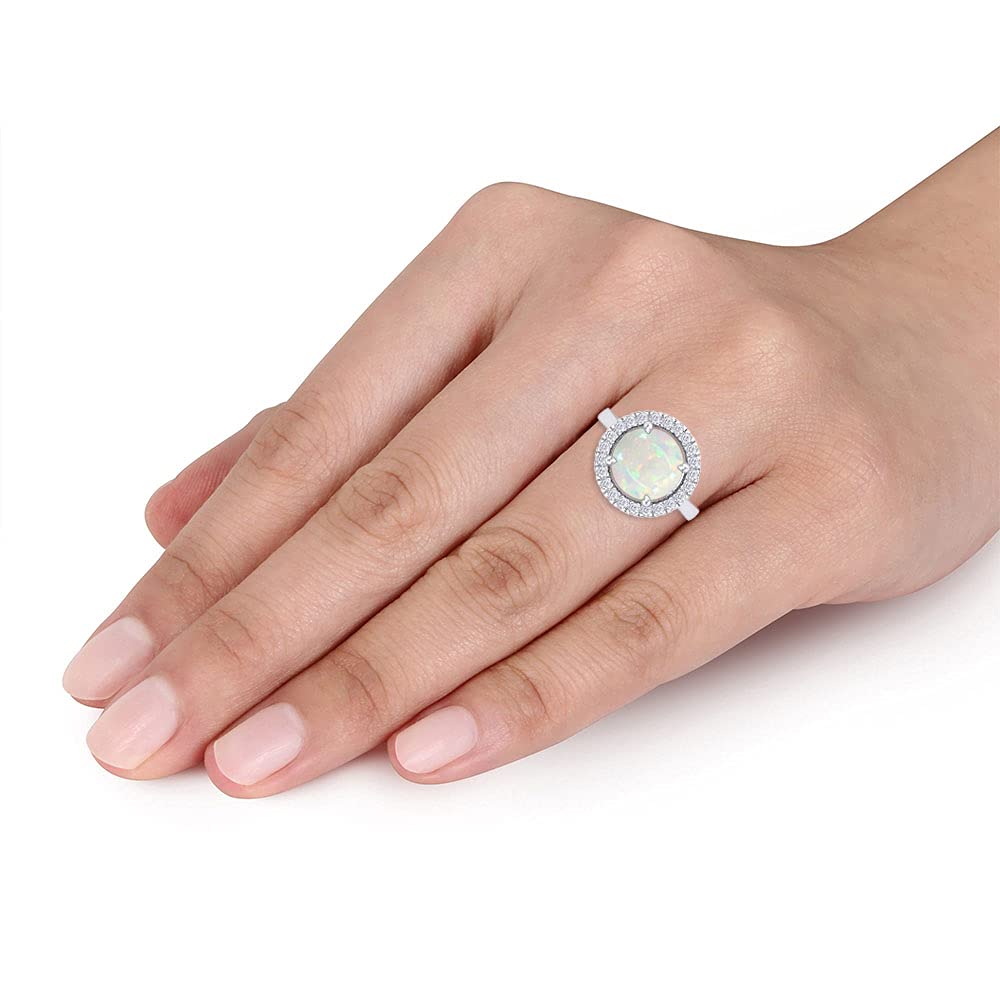 GEMVIO Collection 6MM Round Natural White Opal Gemstone & Natural Diamond Frame in 10K Solid White Gold Halo Engagement Bridal Wedding Band Ring (0.85 Cttw) Size-6