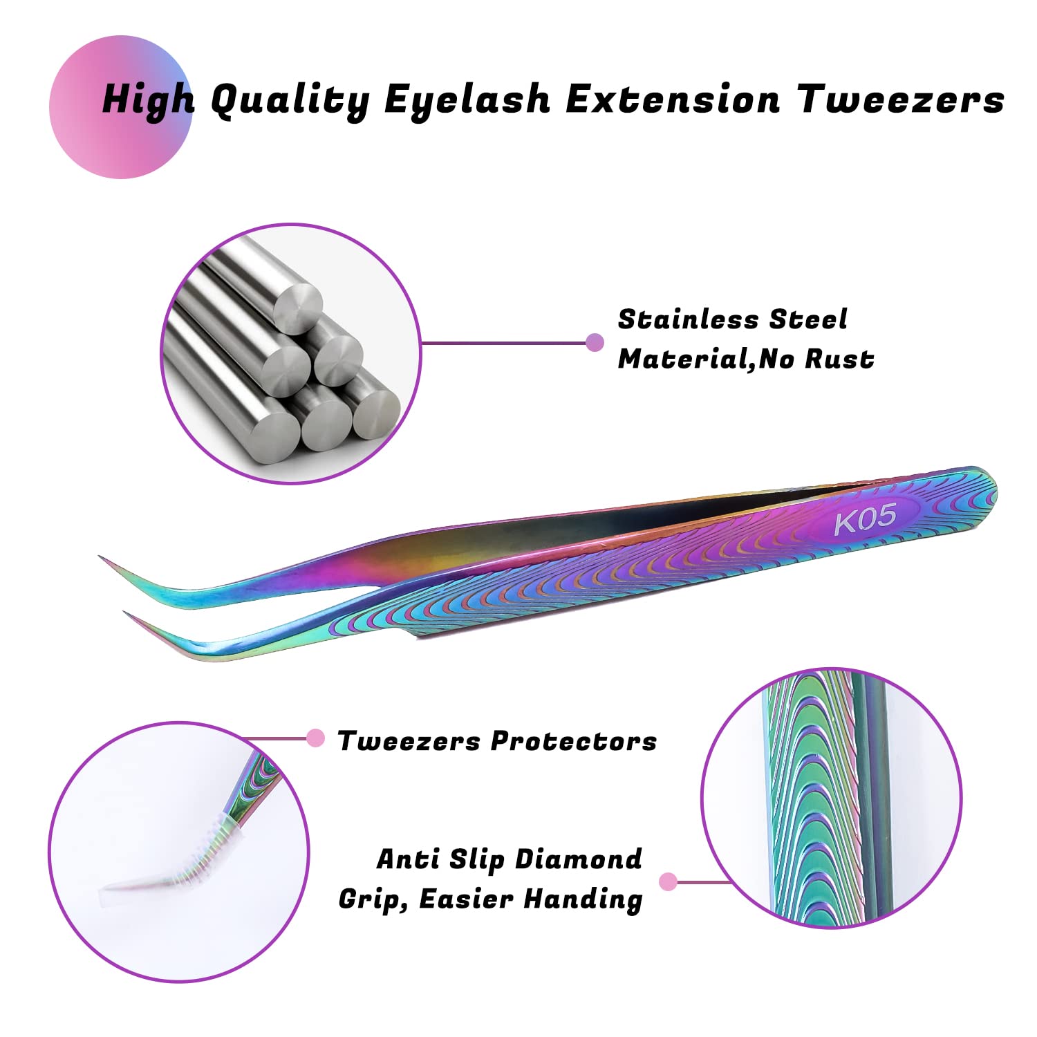 Kolybel Eyelash Extension Tweezers Professional Precision Stainless Steel Lash Extension Tweezers for Mega Volume and Mink Eyelashes Extensions Applying Curved Tips(Color-K05)