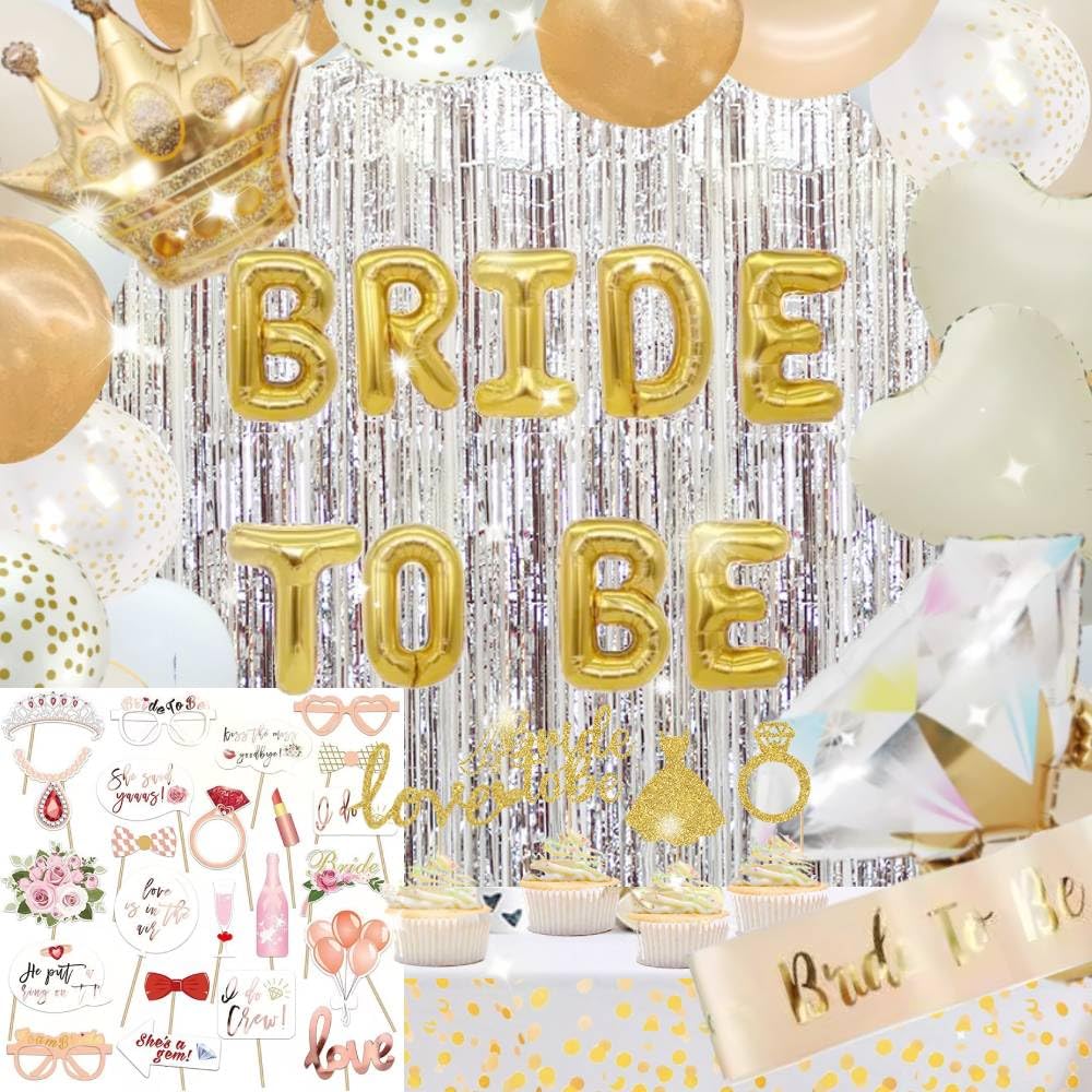 Generic Bride to be Decorations for Bridal Shower Bachelorette Party Pearly White Champagne Gold Includes Balloons Sash Cake Topper Photo Props Tablecloths and More