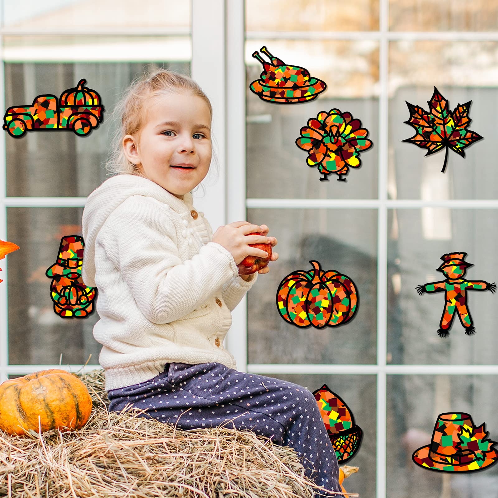 Gueevin 18 Sets Thanksgiving Stained Glass Effect Paper Suncatchers Thanksgiving Suncatcher Kit DIY Suncatcher Paper with tissue paper and glue sticks for Children Window Classroom Arts and Crafts