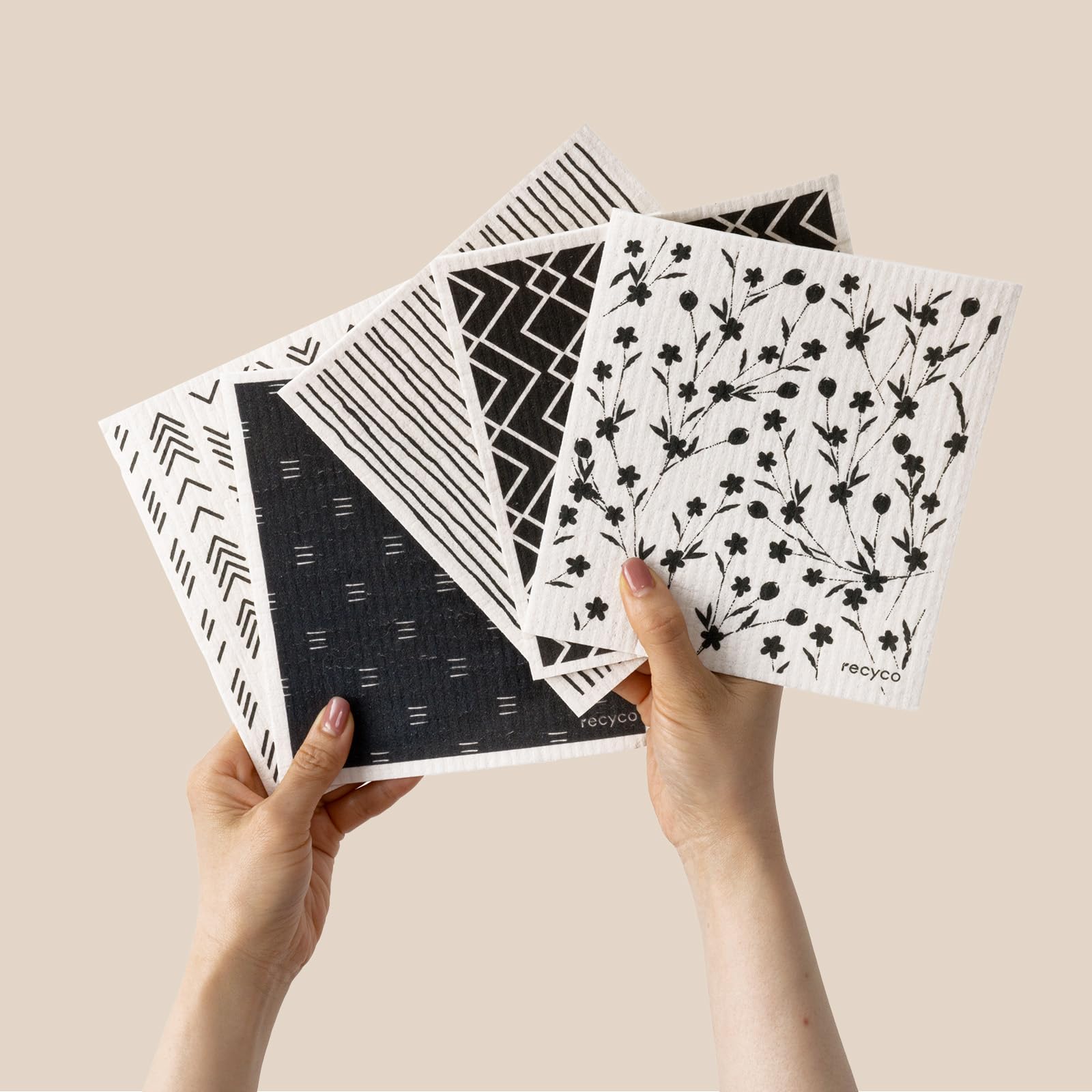 RECYCO Swedish Dishcloths for Kitchen | 5 Packs Geometric Washable Dish Rags | Cellulose Reusable Cleaning Paper Towels | Absorbent Counter Dish Cloth Sponge Kitchen Wipes, 8" L x 7" W