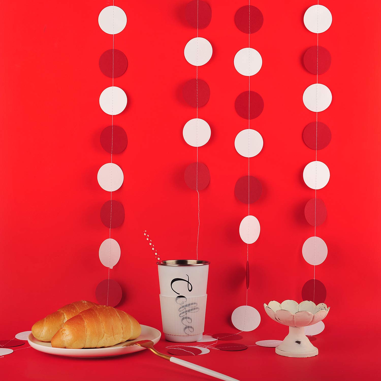 Red and White Paper Garland Circle Dots Party Garland Banner Streamer Backdrop Hanging Decorations, 2" in Diameter, Pack of 3, 30 Feet in Total